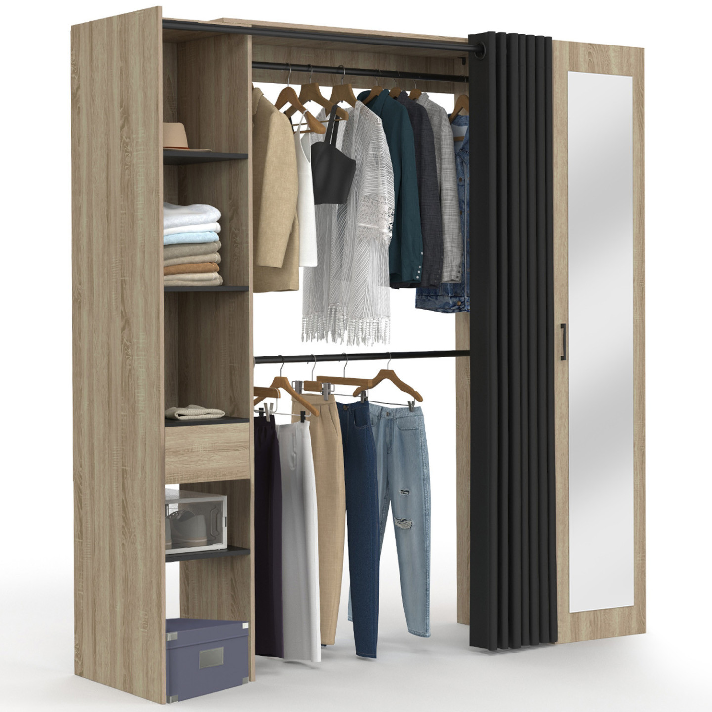 Dressing extensible avec rideau noir, double penderie et miroir - MERYL ...