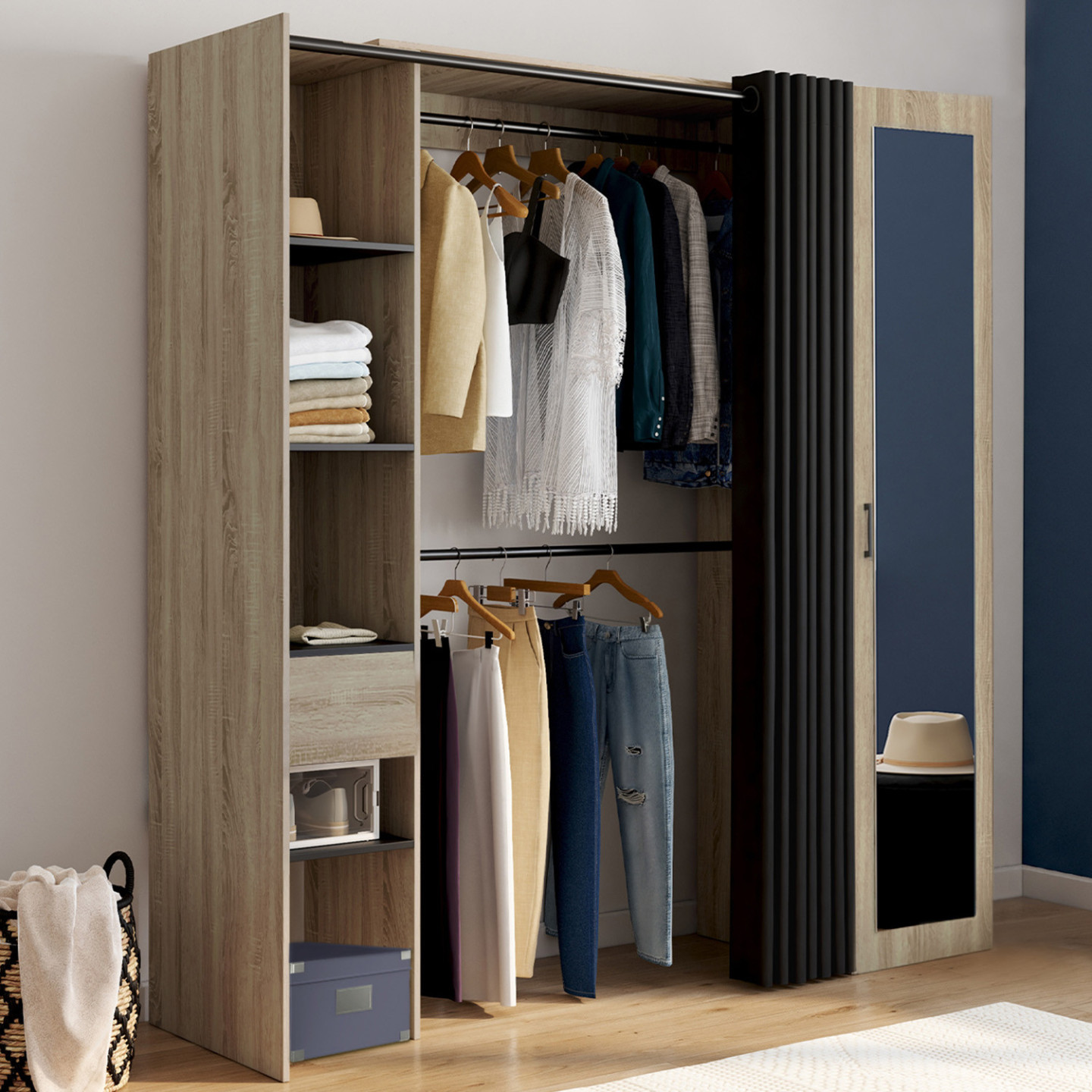 Dressing extensible avec rideau noir, double penderie et miroir - MERYL ...