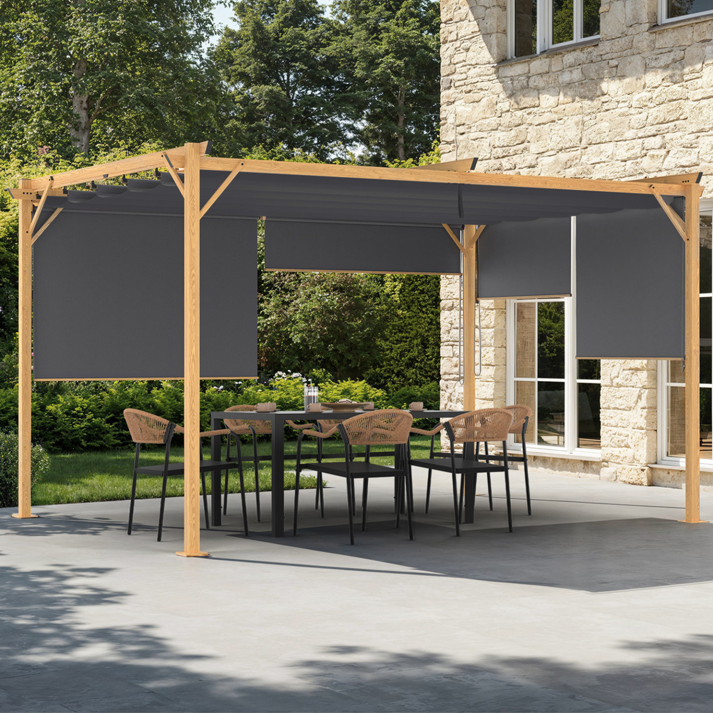 Pérgola efecto madera techo retráctil 3x4M y 4 toldos gris antracita ...