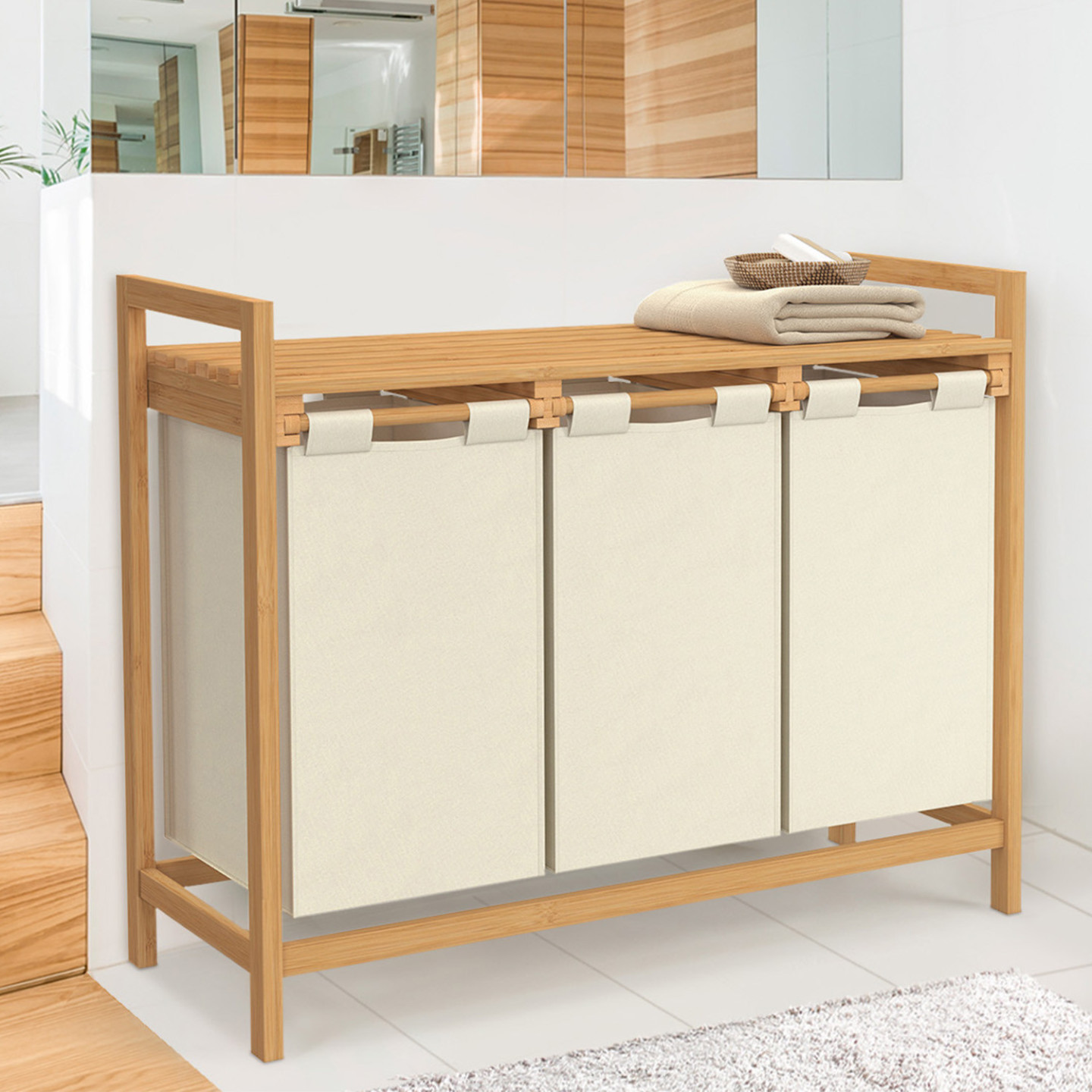 Cesto de la ropa de bambú, 3 compartimentos, tejido crudo - BEA | ID Market