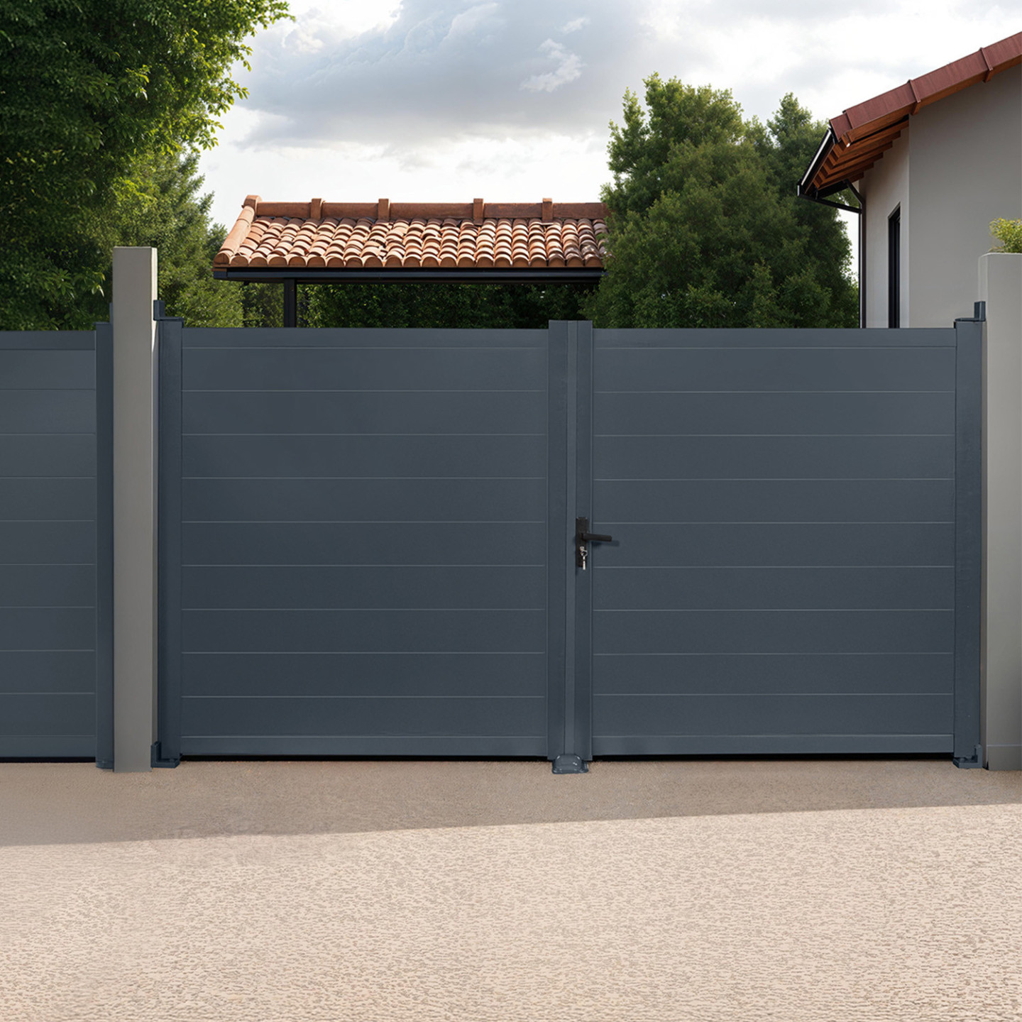 Portail battant en aluminium gris anthracite 302 x 160 cm | ID Market