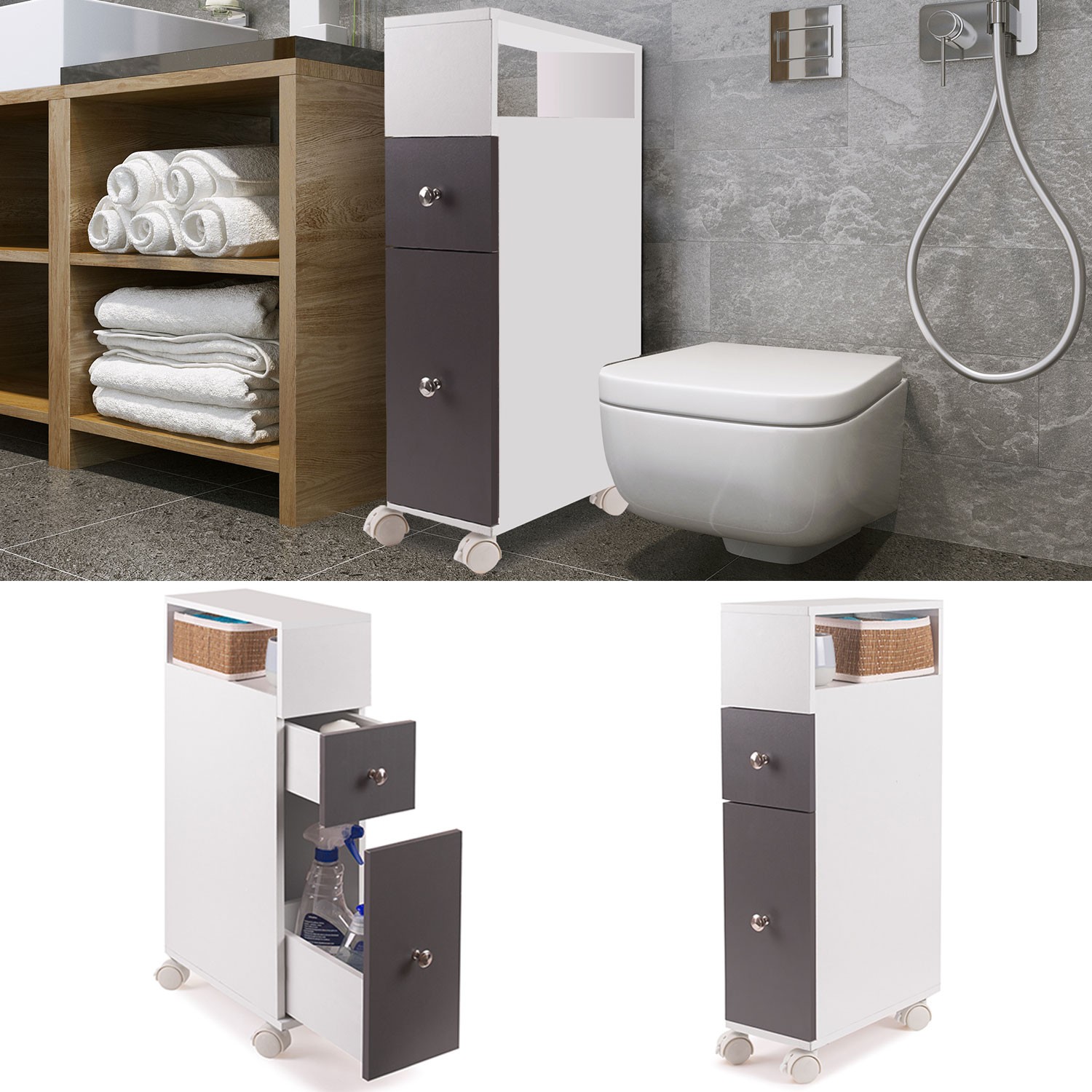 Meuble rangement WC sur roulettes 2 tiroirs gris Meubles et aménag...