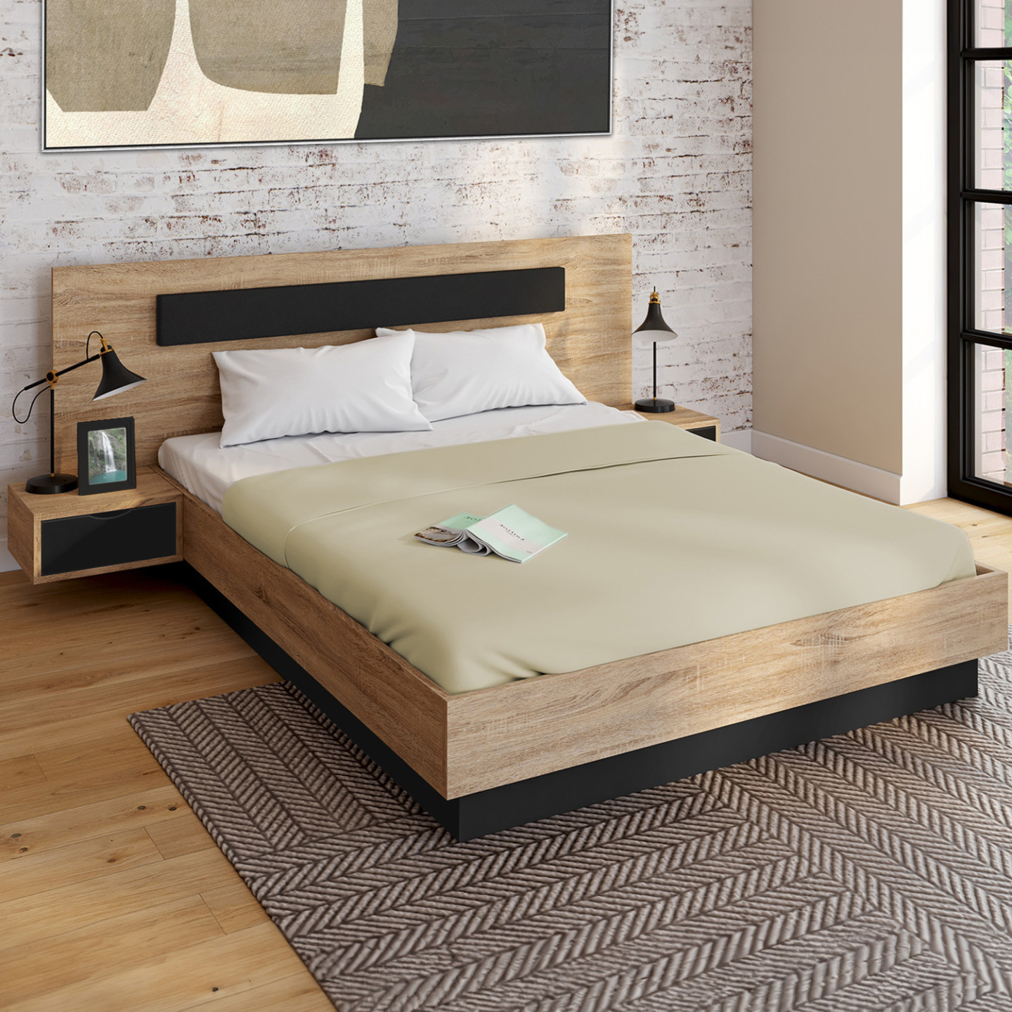 Lit double 160x200 avec tête de lit et tables de chevet bois et noir ...