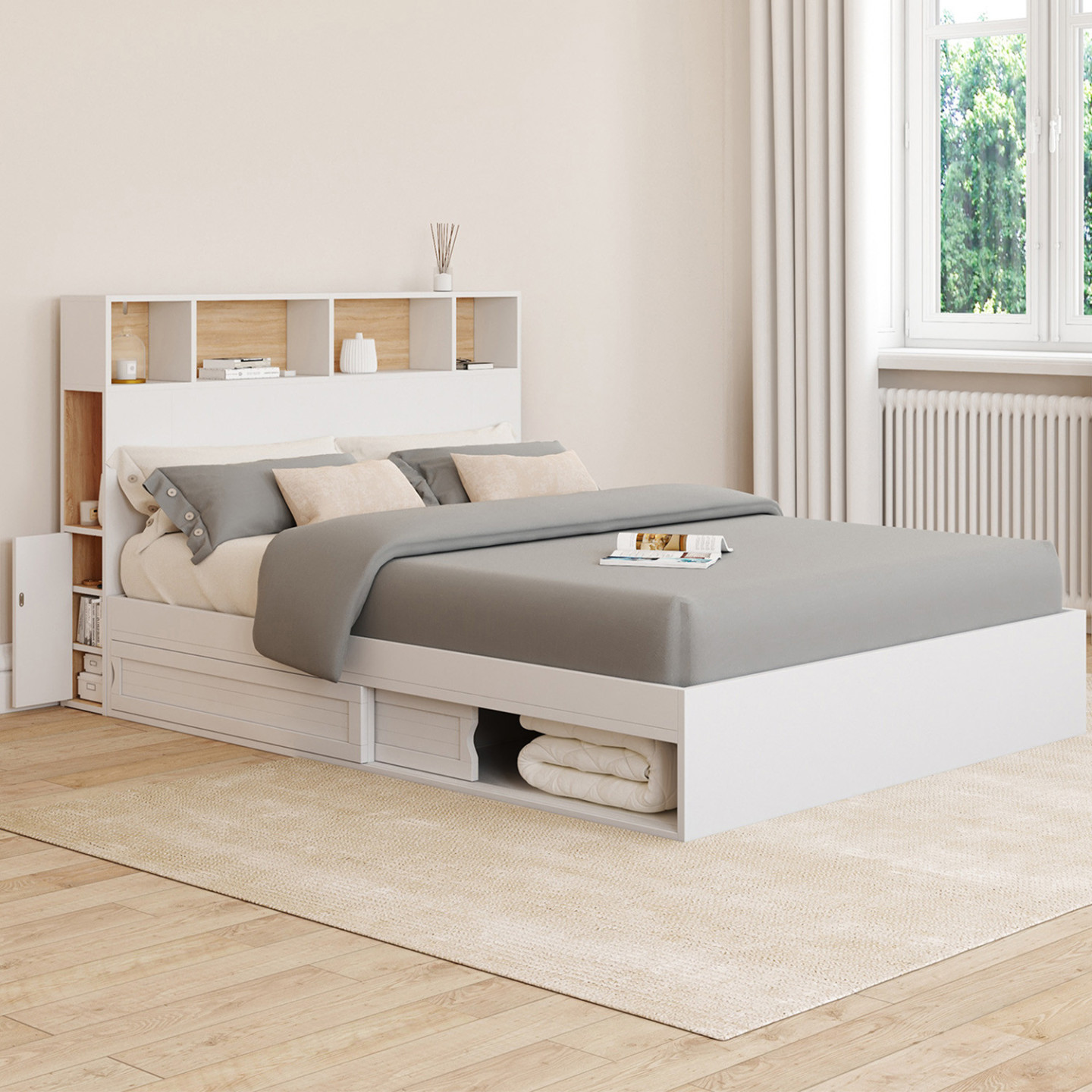 Tweepersoonsbed wit en beuken met hoofdbord, opbergruimte en ...