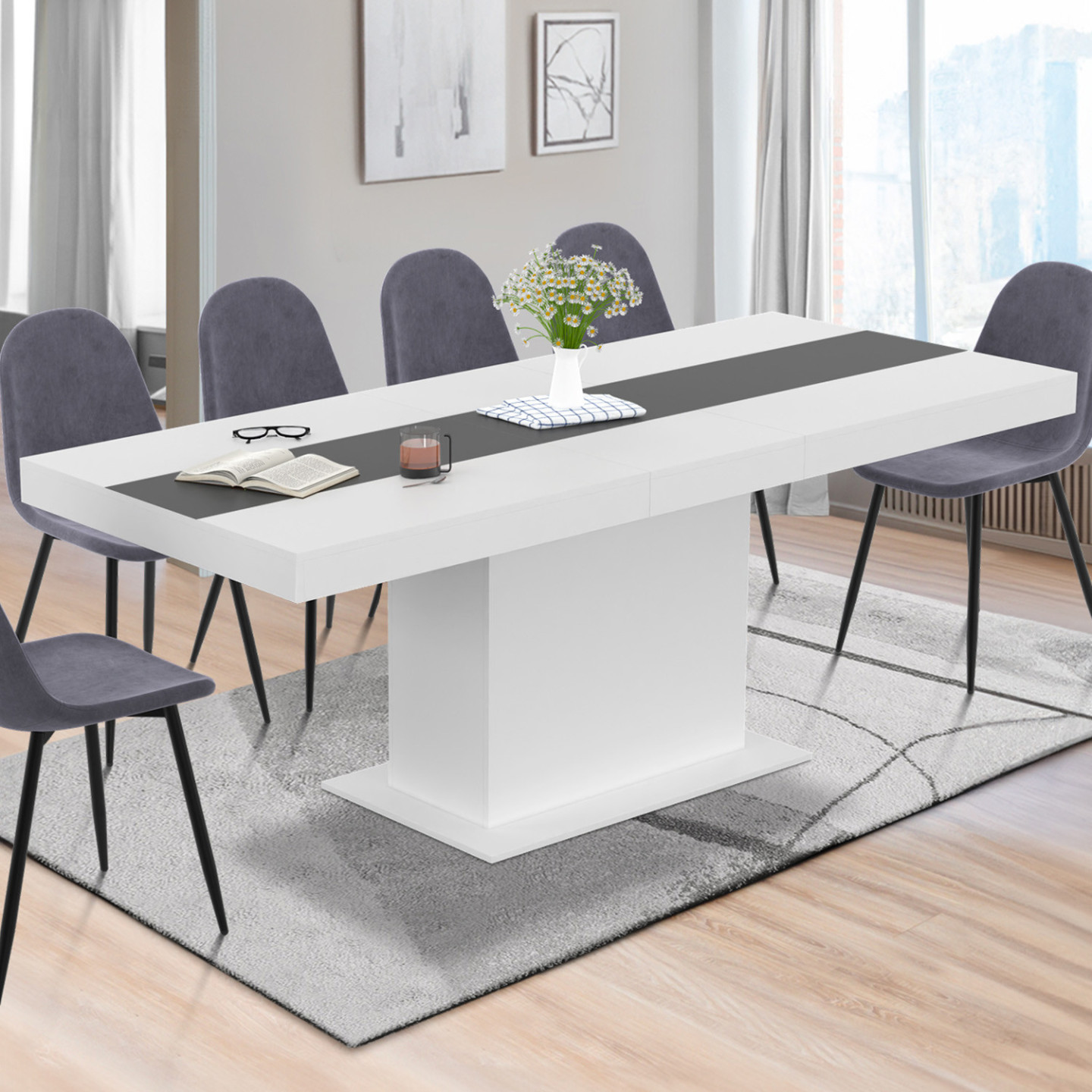 Table à manger extensible rectangle blanche et bande grise - EDEN | ID ...