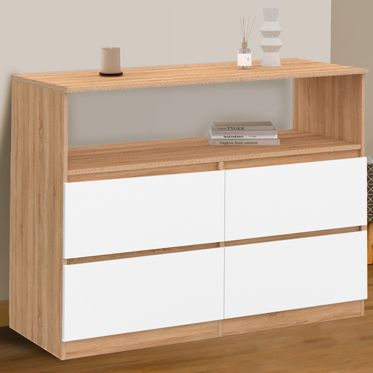 Grande commode 6 tiroirs 140cm façon hêtre et blanc - TOMI | ID Market