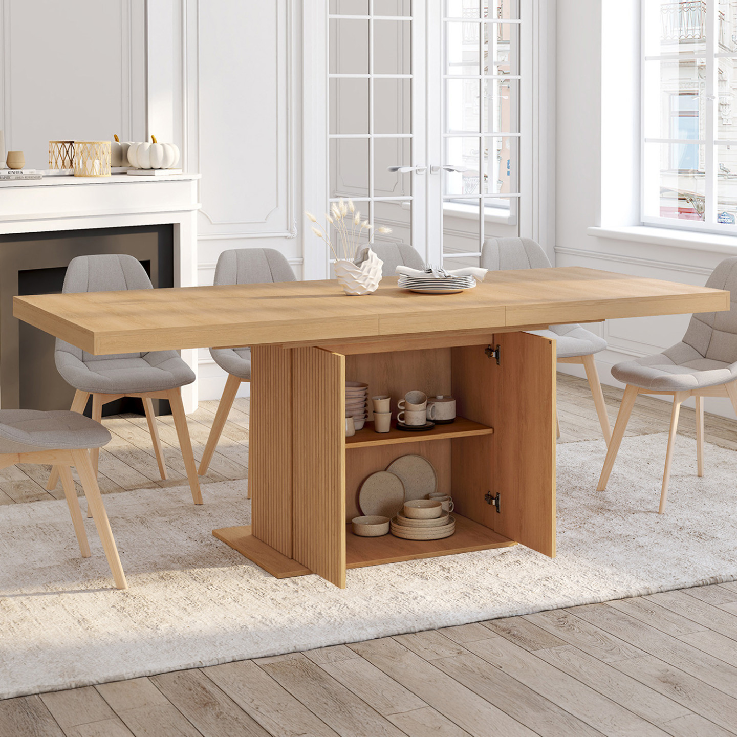 Mesa de comedor extensible para 6-10 personas con tablillas de madera y almacenaje 160-200cm ...