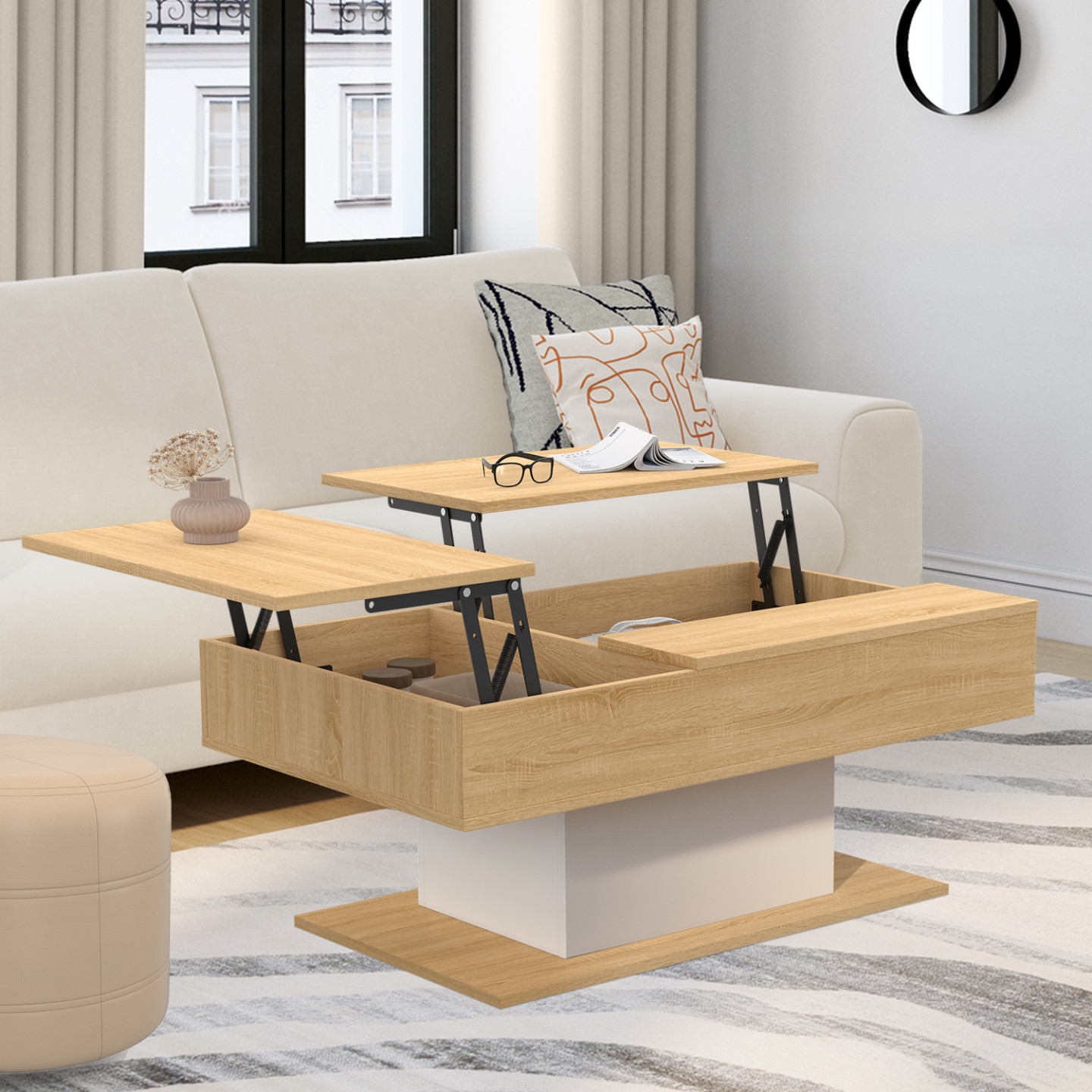 Table basse rectangulaire 2 plateaux relevables bois et blanc - EDEN ...