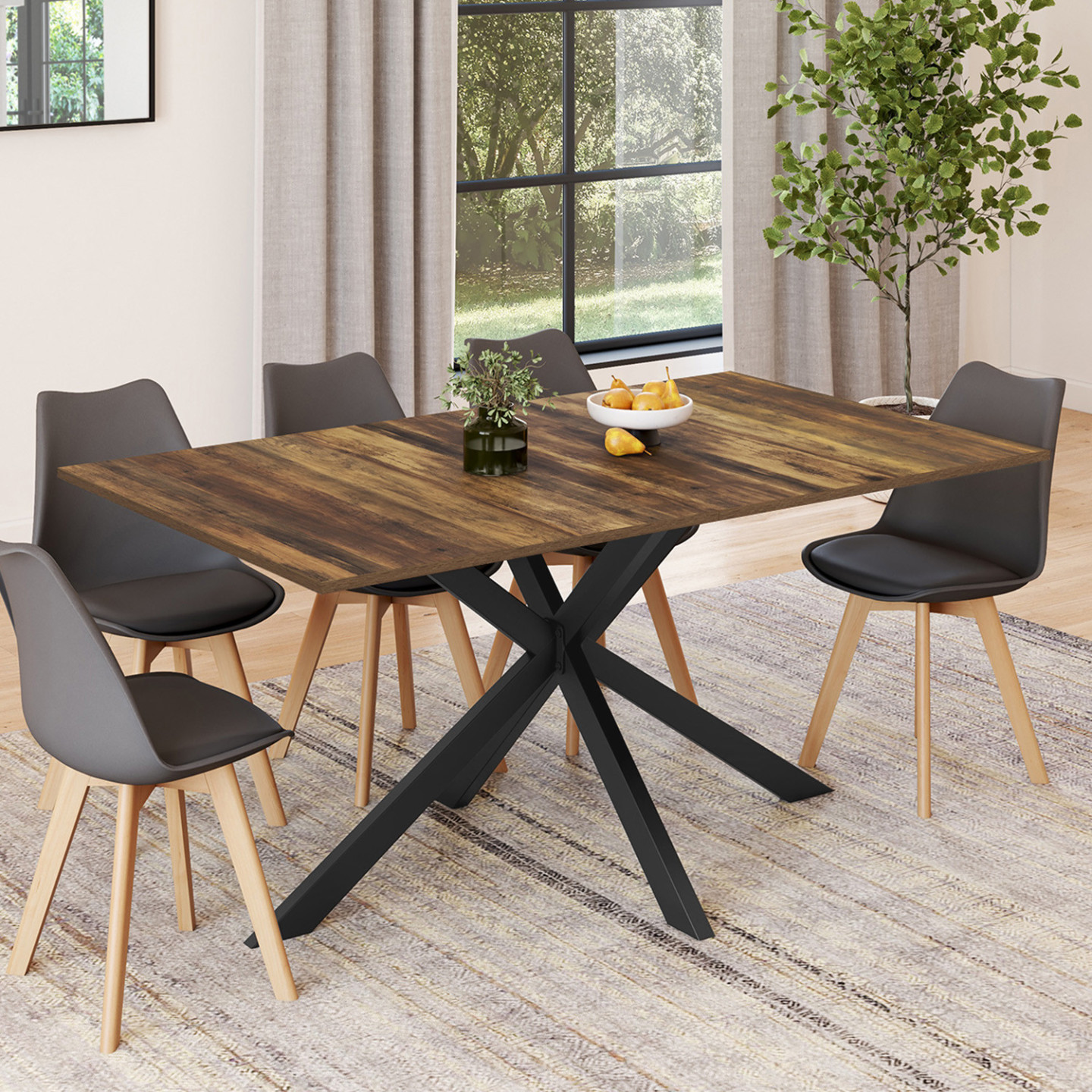 Table à manger plateau bois foncé rectangle 160 cm pied araignée noir 8 ...