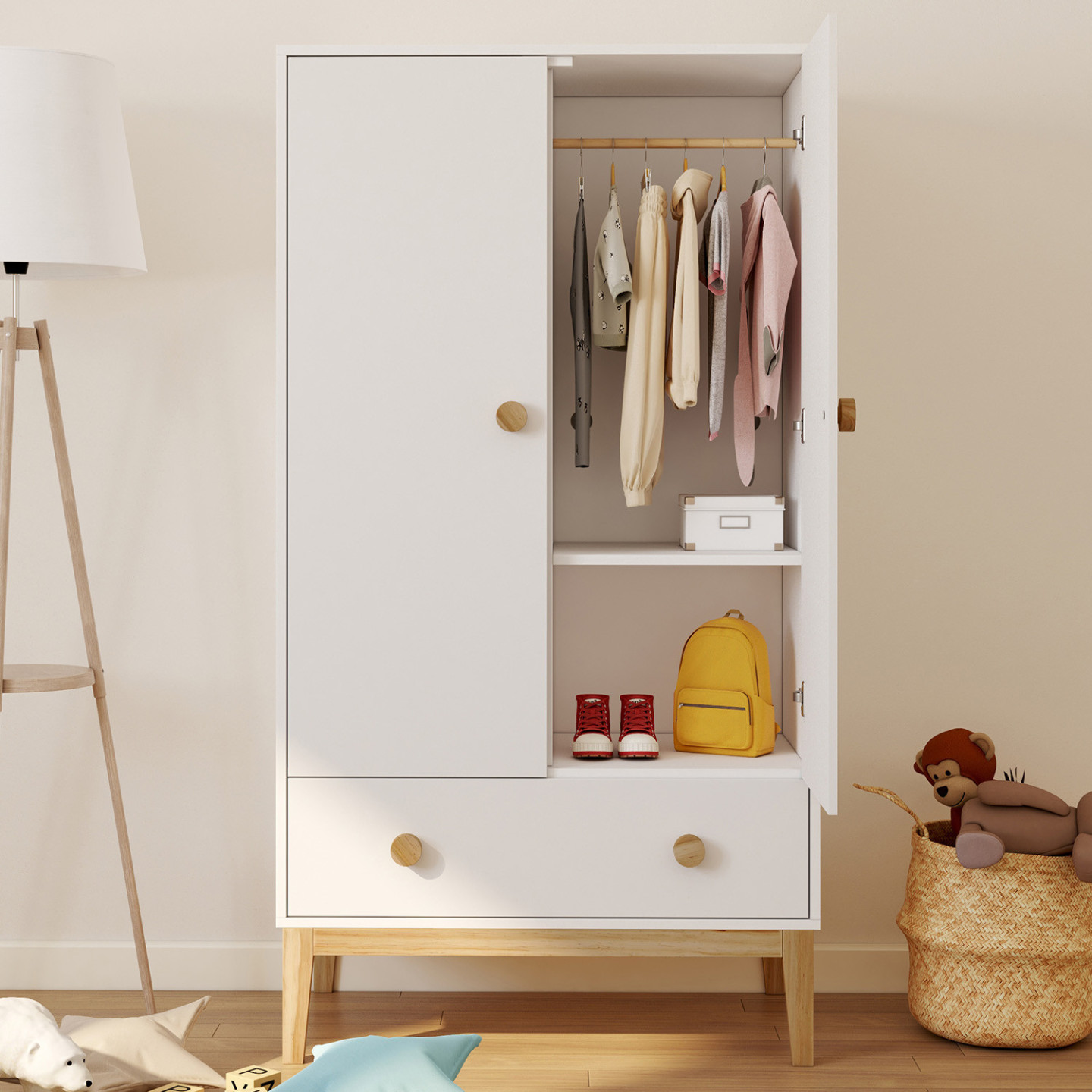 Armario infantil blanco y madera 2 puertas 1 cajón - JACOB | ID Market