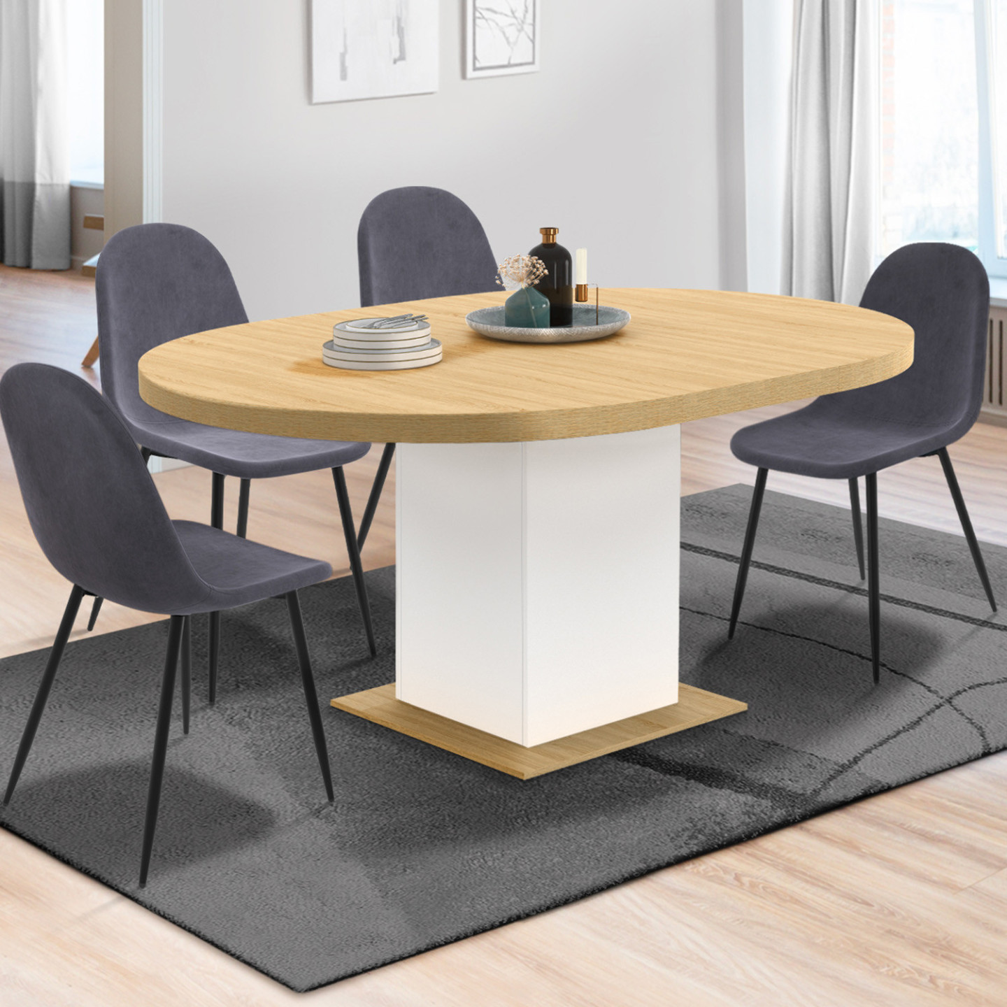 Mesa de comedor redonda extensible 4-8 personas madera y blanco 120-160 ...