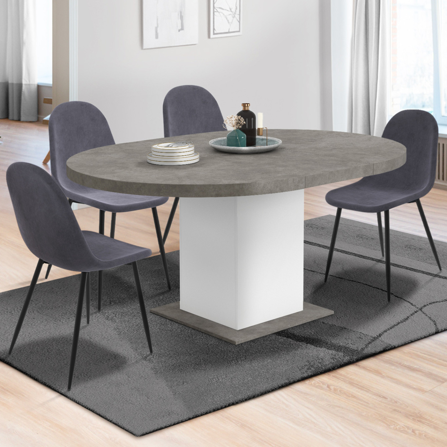 Ronde uitschuifbare eettafel 4-8 personen beton en wit 120-160 cm ...