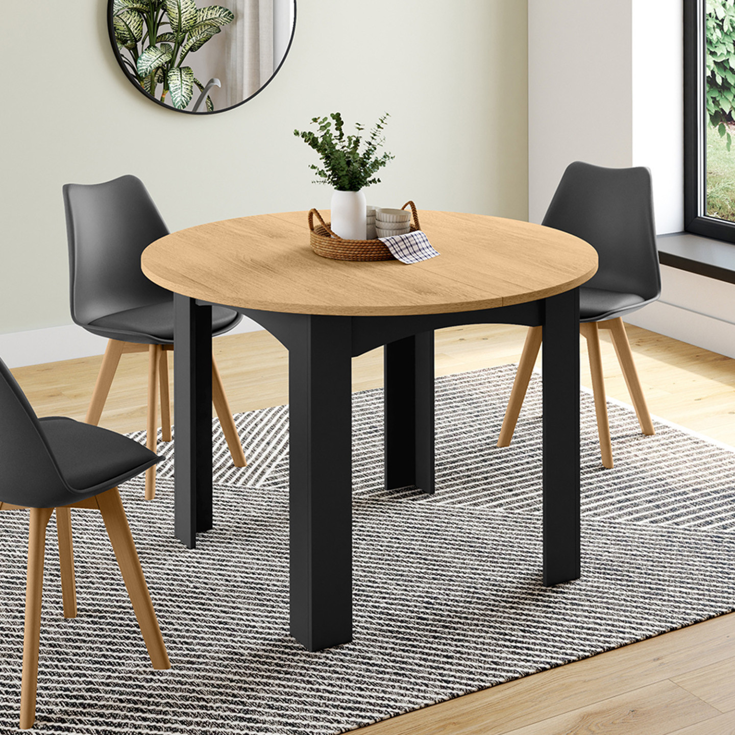 Table à manger ronde 4-6 personnes noire plateau façon hêtre 110 cm ...