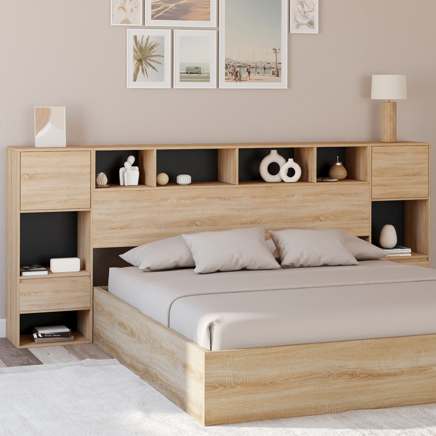 Tête de lit sur pied noir et bois avec chevets tiroir, placards et ...