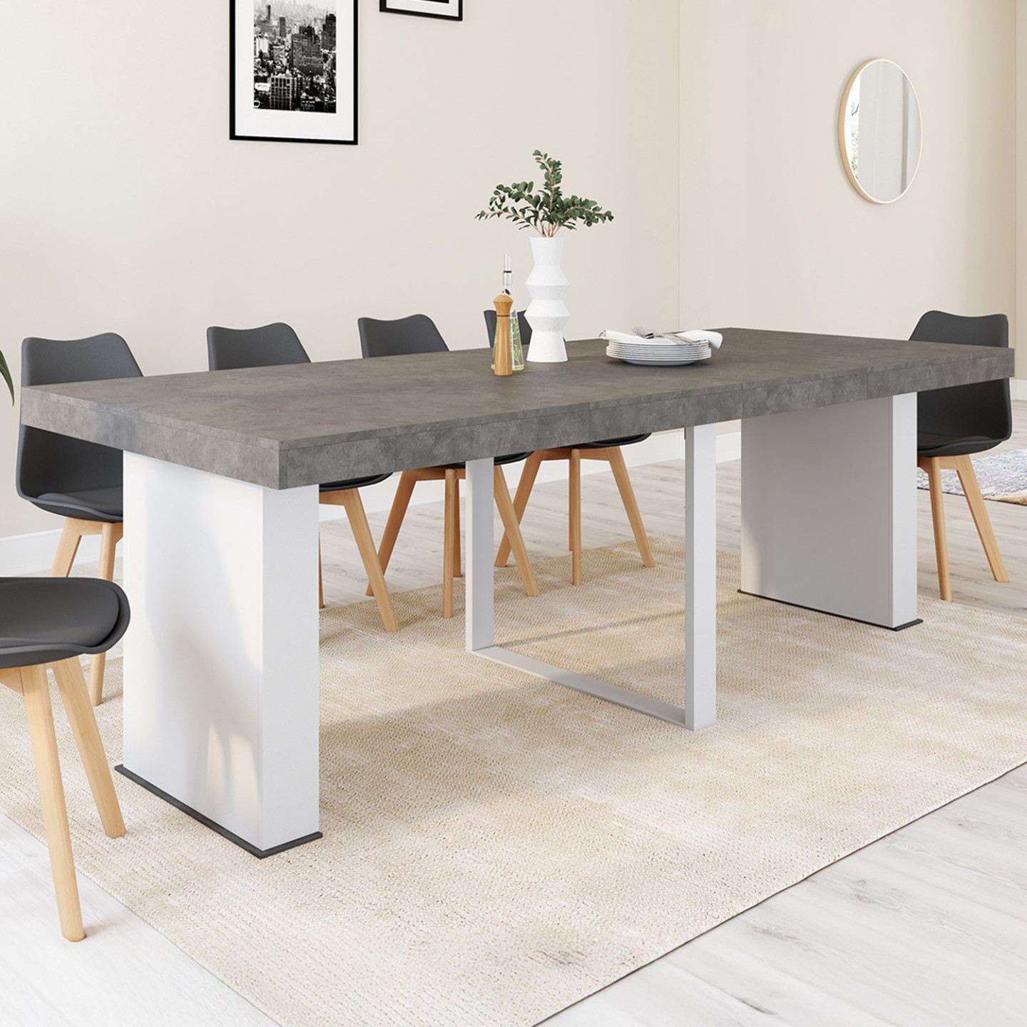 Table console extensible 10 personnes 235 cm béton et blanc - EDEN | ID ...