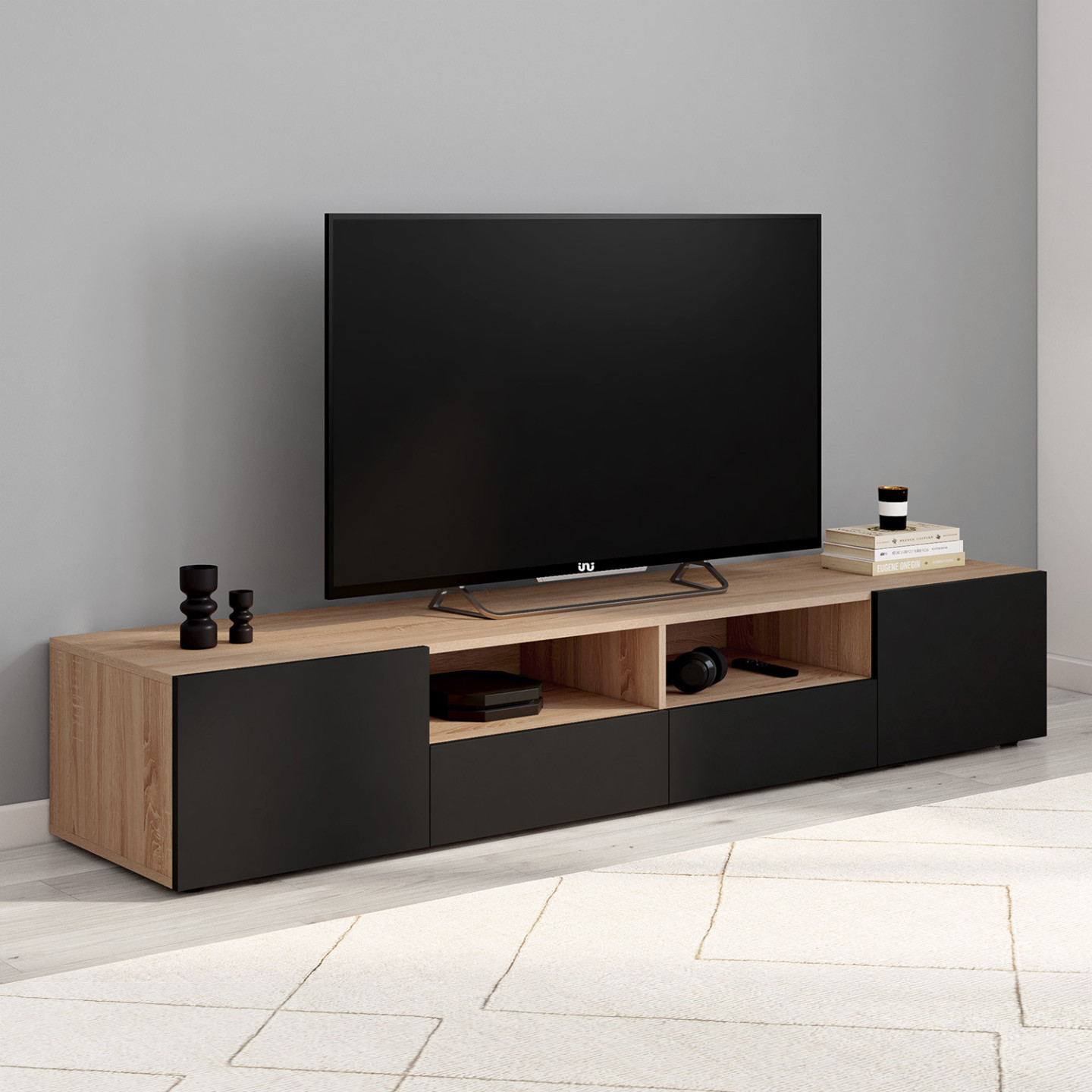 Meuble TV en bois 180 cm façon hêtre avec portes noires - ELI | IdMarket