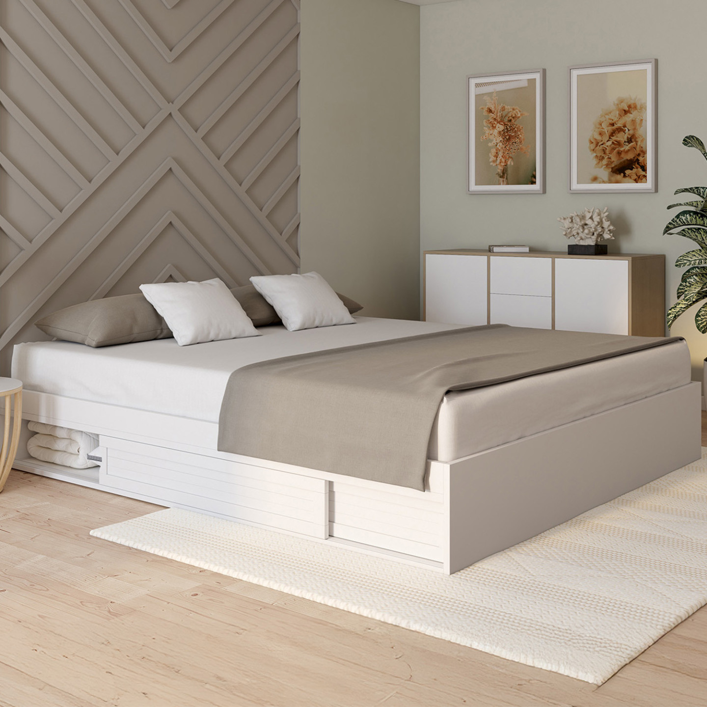 Cadre de lit double avec sommier et rangements de 180 x 200 cm blanc ...