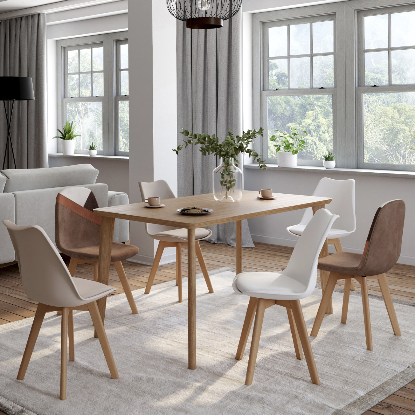 Lot de 6 chaises scandinaves mix color beige, blanc et velours ...