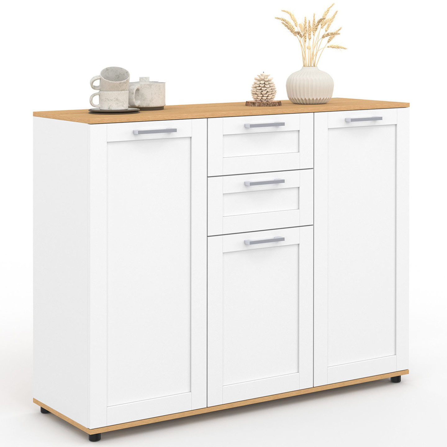Sideboard 100cm weiß und Holzplatte 3 Türen 2 Schubladen - VITO || VITO ...