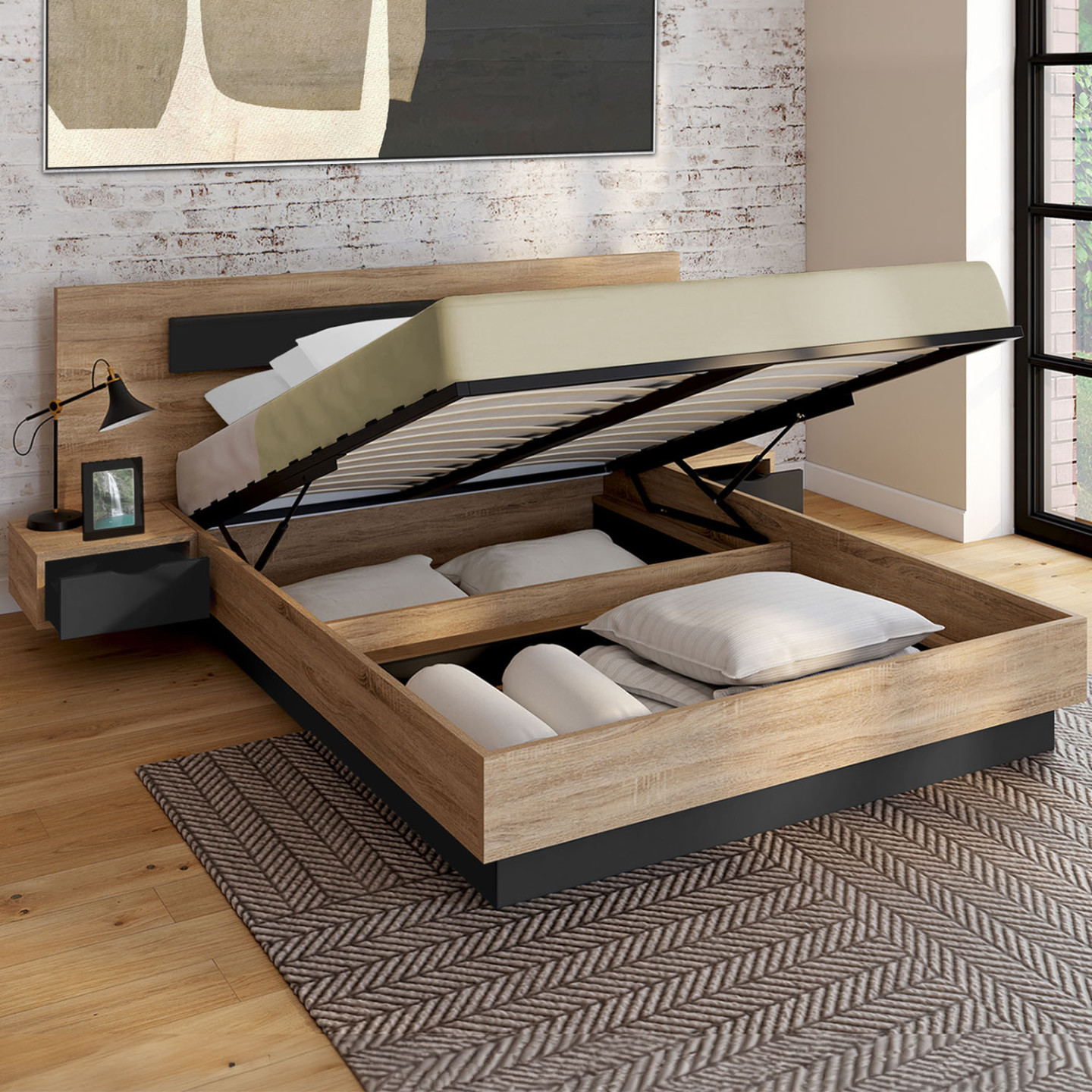 Lit double coffre 140 x 190 cm bois et noir avec sommier et tables de ...