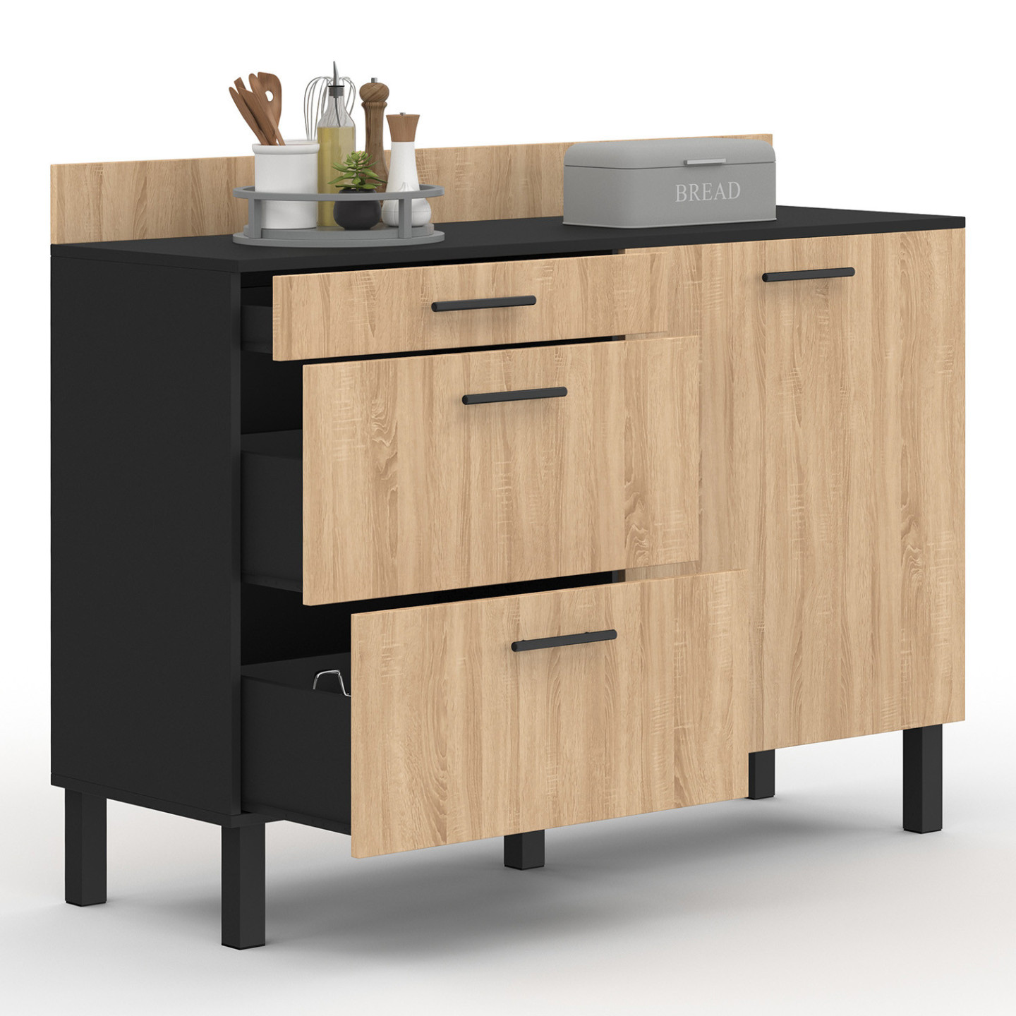 Buffet bas de cuisine 120cm bois noir et façon hêtre 1 porte + 3 ...