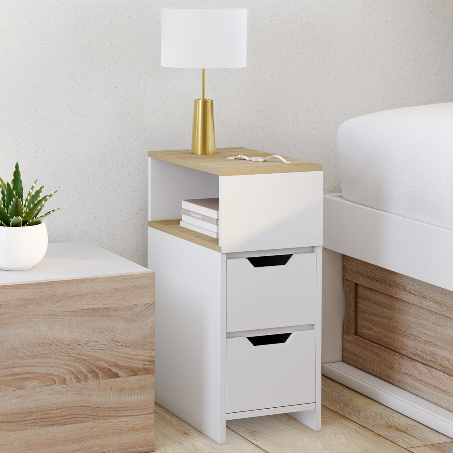 Tables de chevet étroites bois et blanc 2 tiroirs avec niche latérale ...