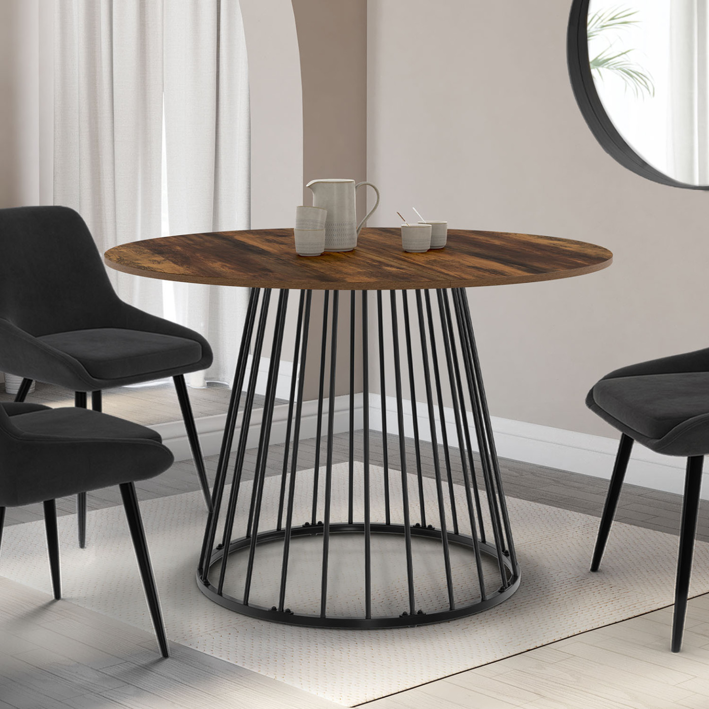 Table à manger ronde 6 personnes 110cm plateau bois foncé et pied noir ...