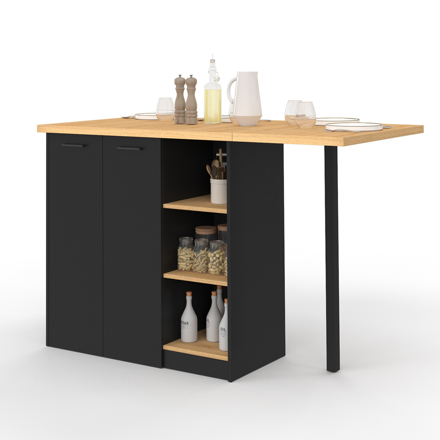Ilot central 140 cm bois noir avec plan de travail façon hêtre - CESAR ...