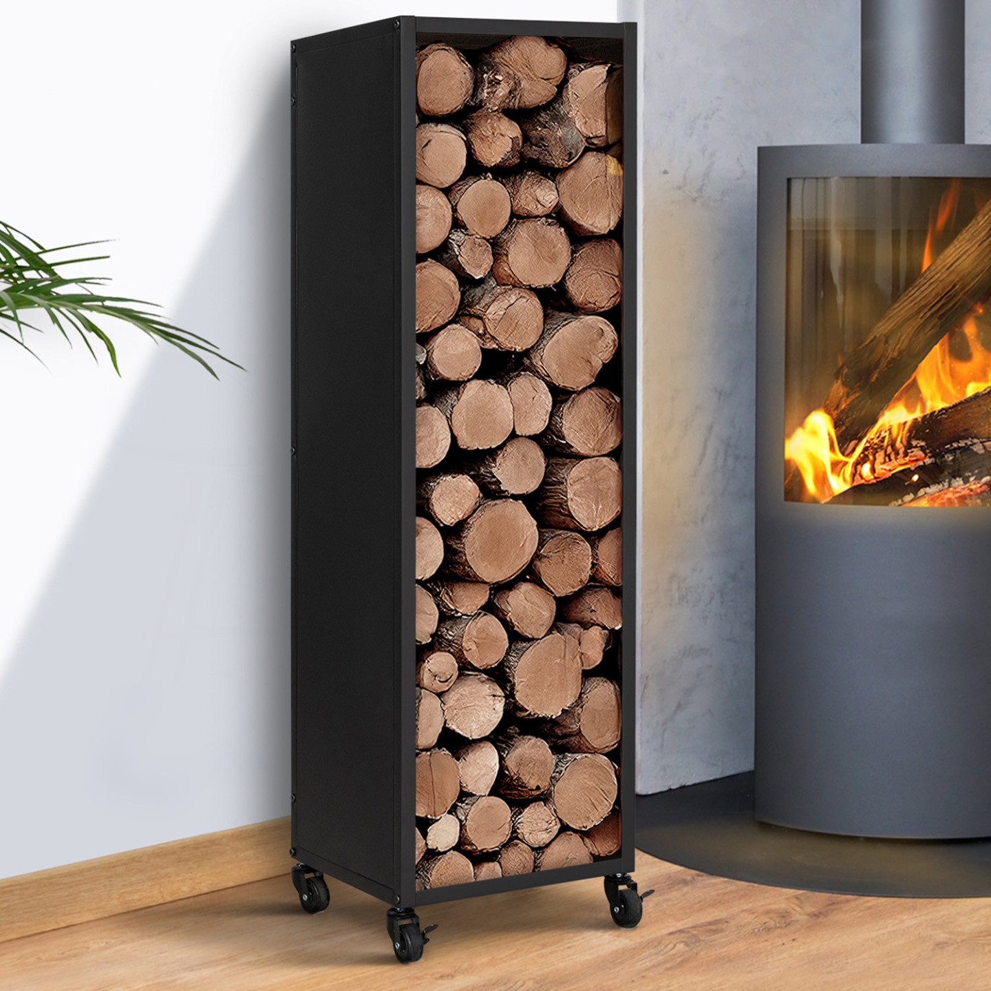 Range-bûches intérieur à roulettes de 119 cm en acier noir | IdMarket