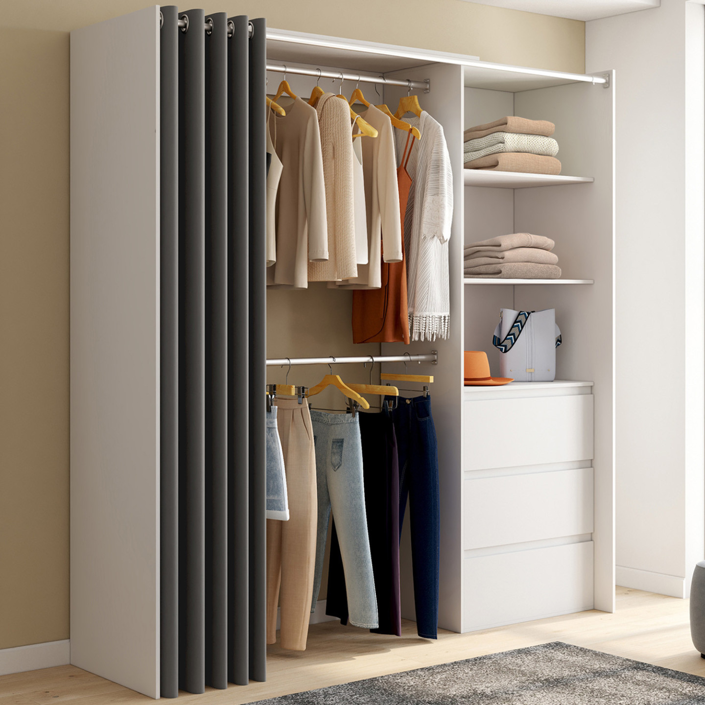 Dressing extensible blanc de 120/170 cm avec rideau gris - MARTY | IdMarket
