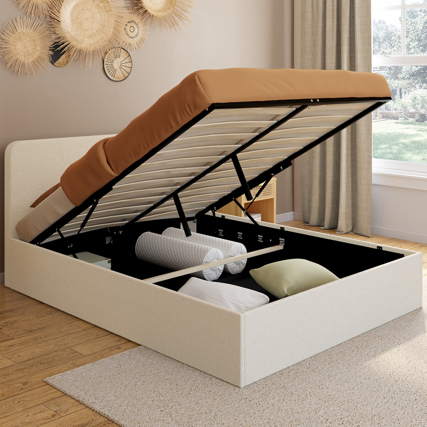 Cama doble con cabecero y somier 140x190cm tela bouclette - BRADFORD ...