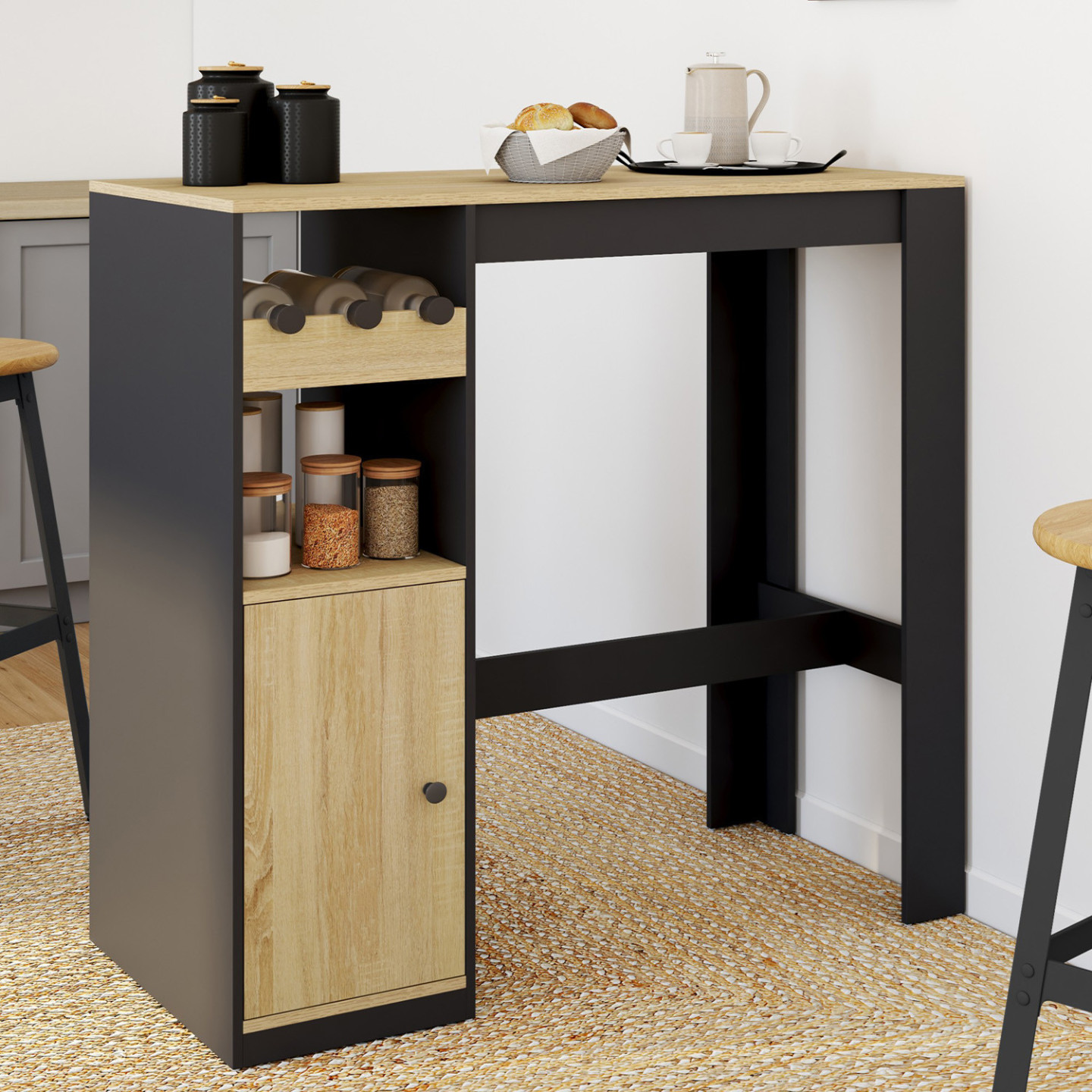 Table de bar bois et noir placard et range bouteilles 2 personnes ...