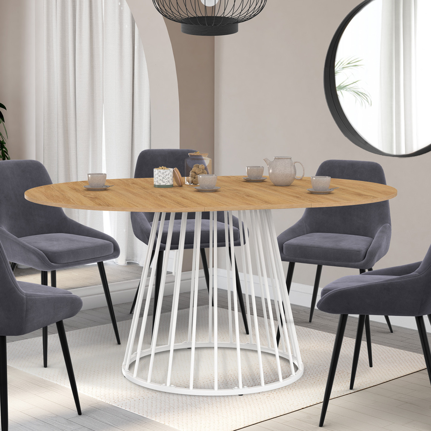 Table à manger extensible ronde 4-8 personnes 110-150cm plateau bois et pied blanc - YUNA | IDMarket