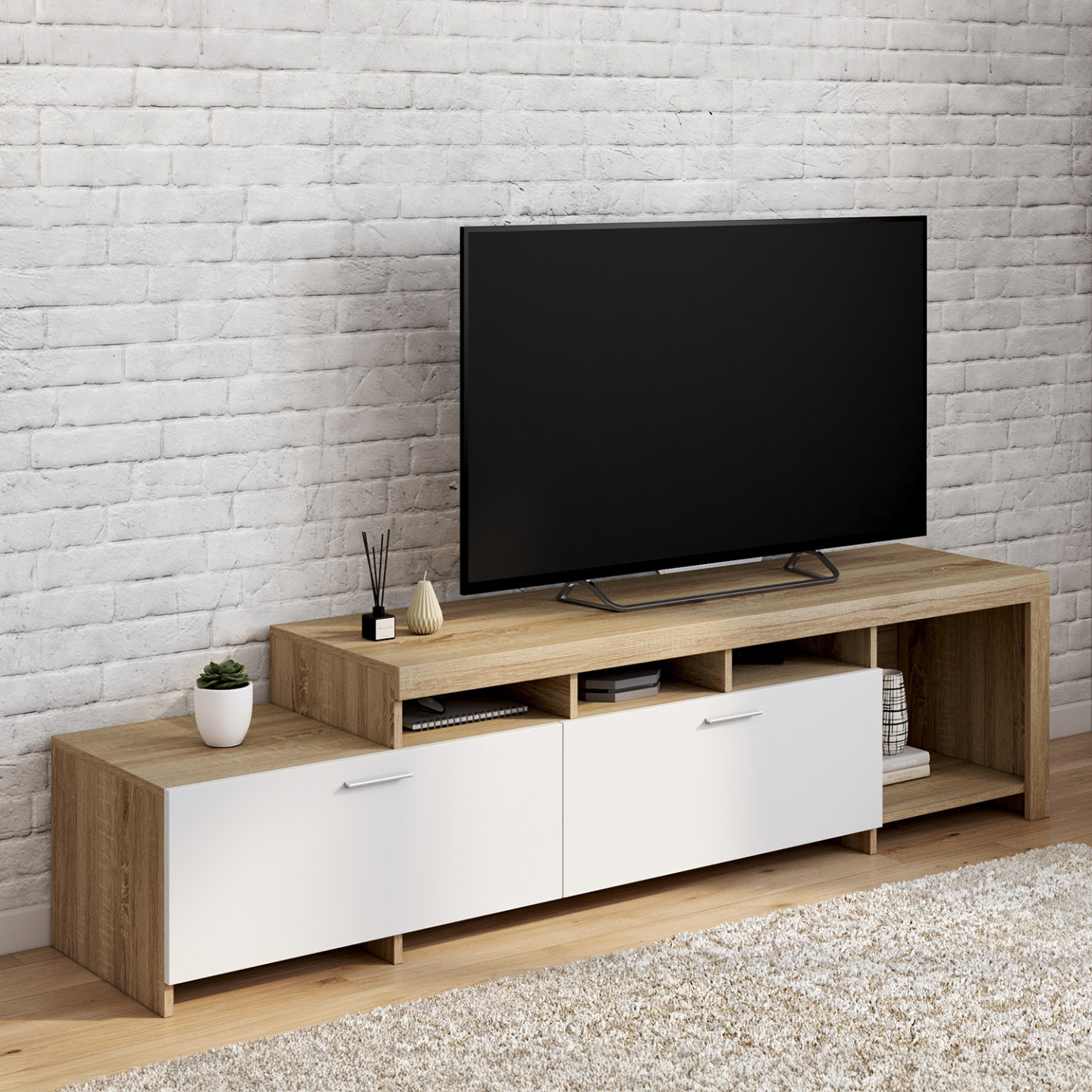 Meuble TV 180 cm avec placards blancs - MALO | IDMarket