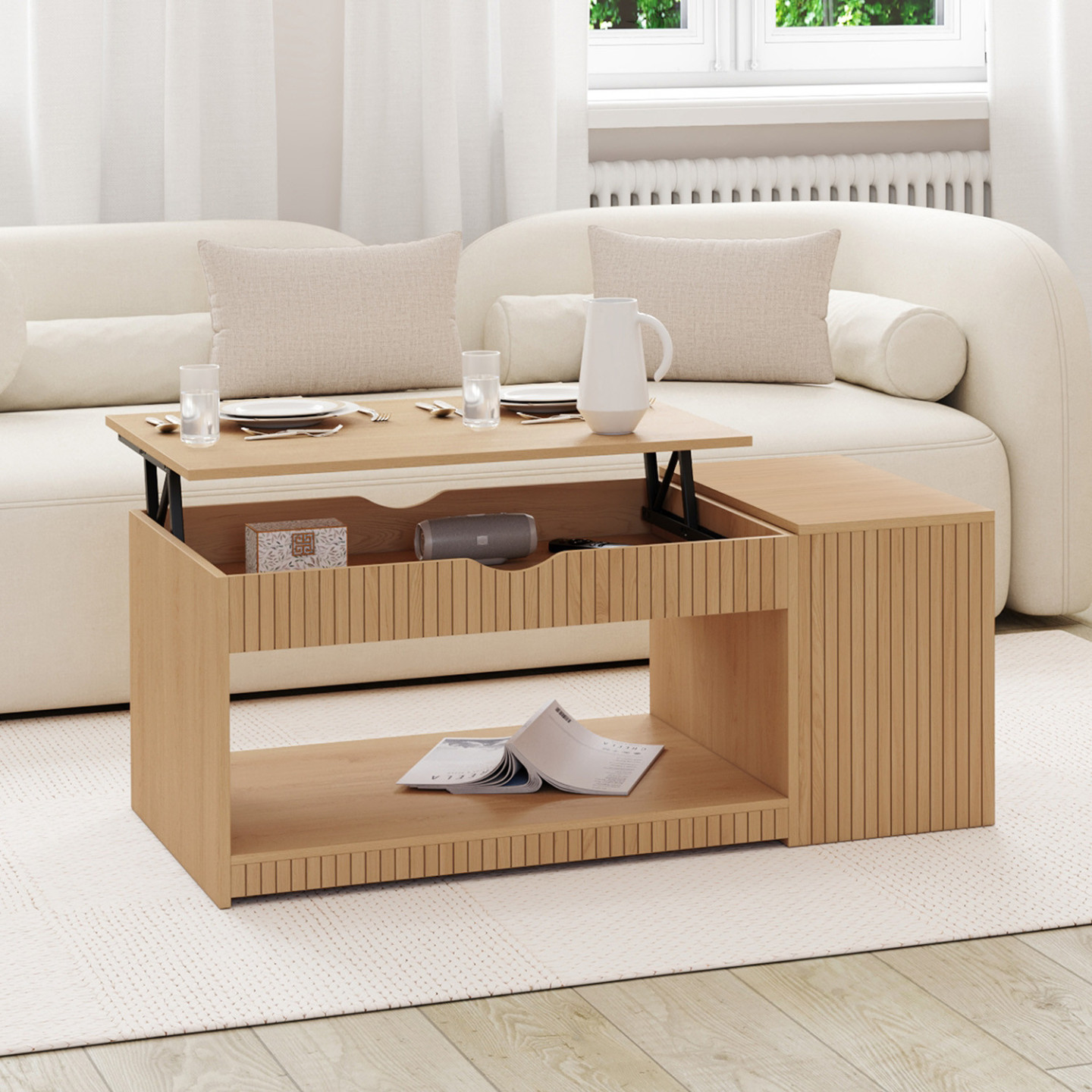 Table basse plateau relevable bois coloris chêne lattes tasseau avec ...