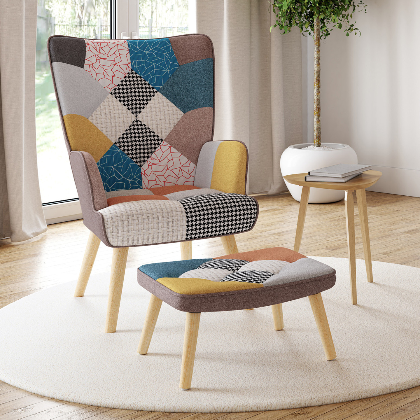 Fauteuil scandinave patchwork multicolore avec repose pieds - IVAR | ID ...