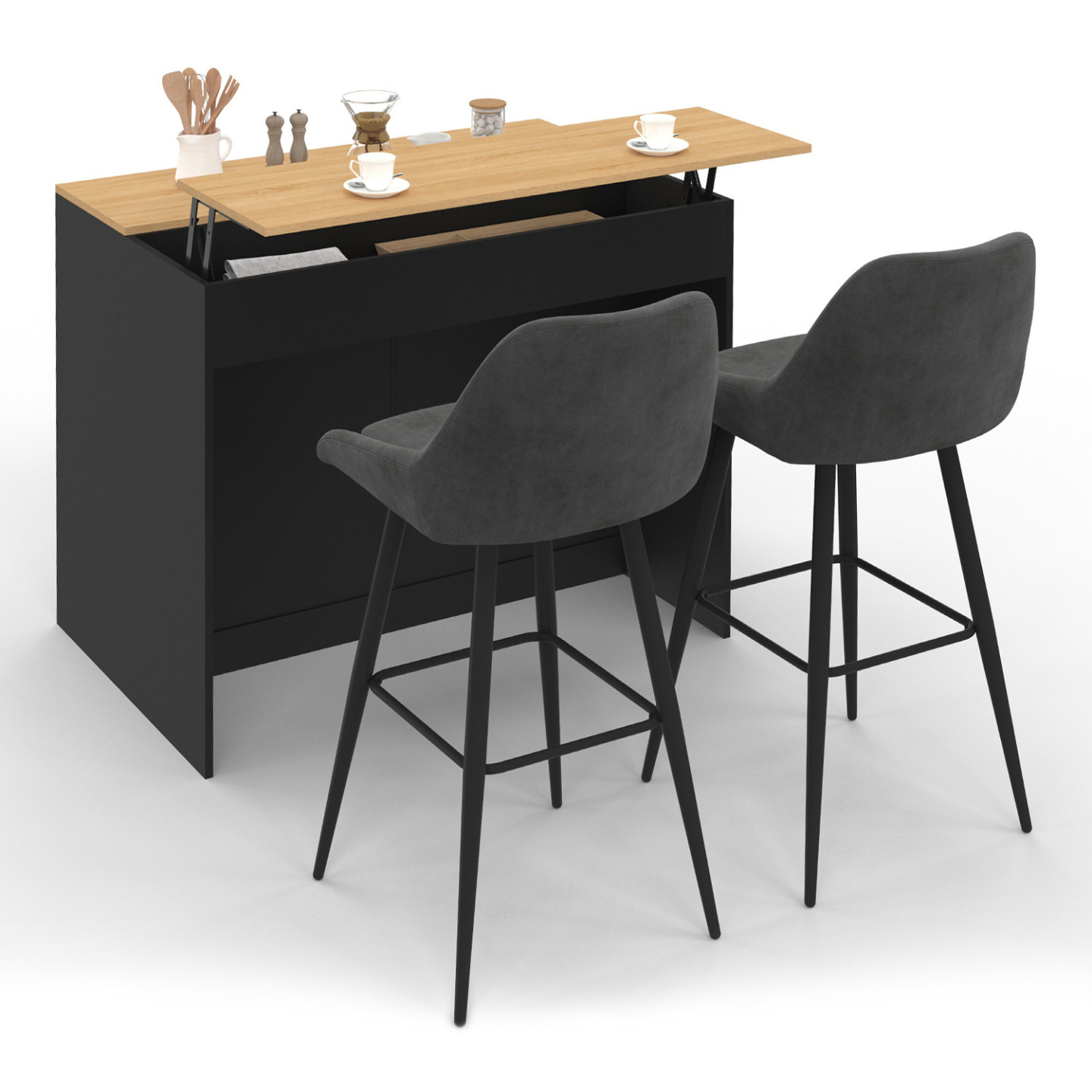 Ilot central 110 cm avec tablette relevable rectangulaire bois noir et ...
