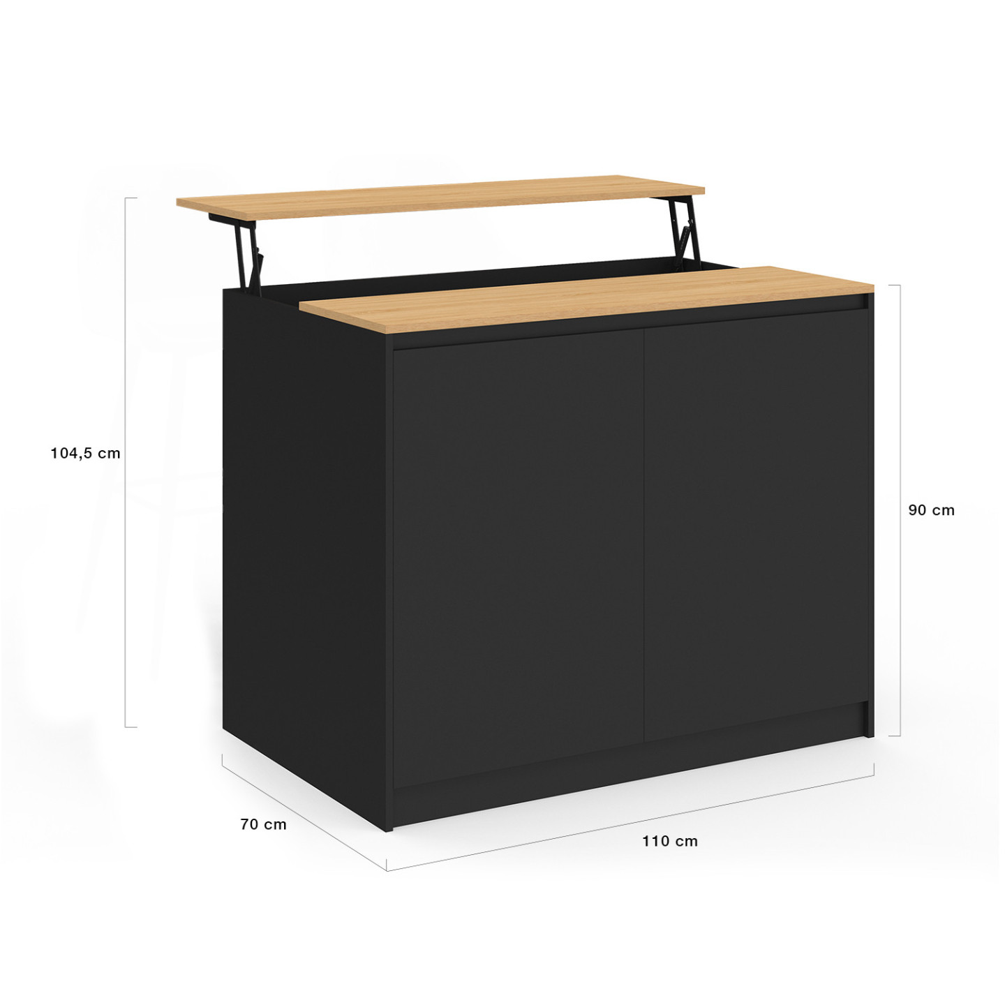 Ilot central 110 cm avec tablette relevable rectangulaire bois noir et ...
