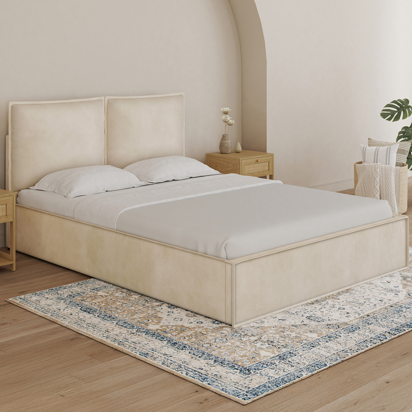 Lit coffre double tête de lit oreiller, sommier velours beige - PILOU ...