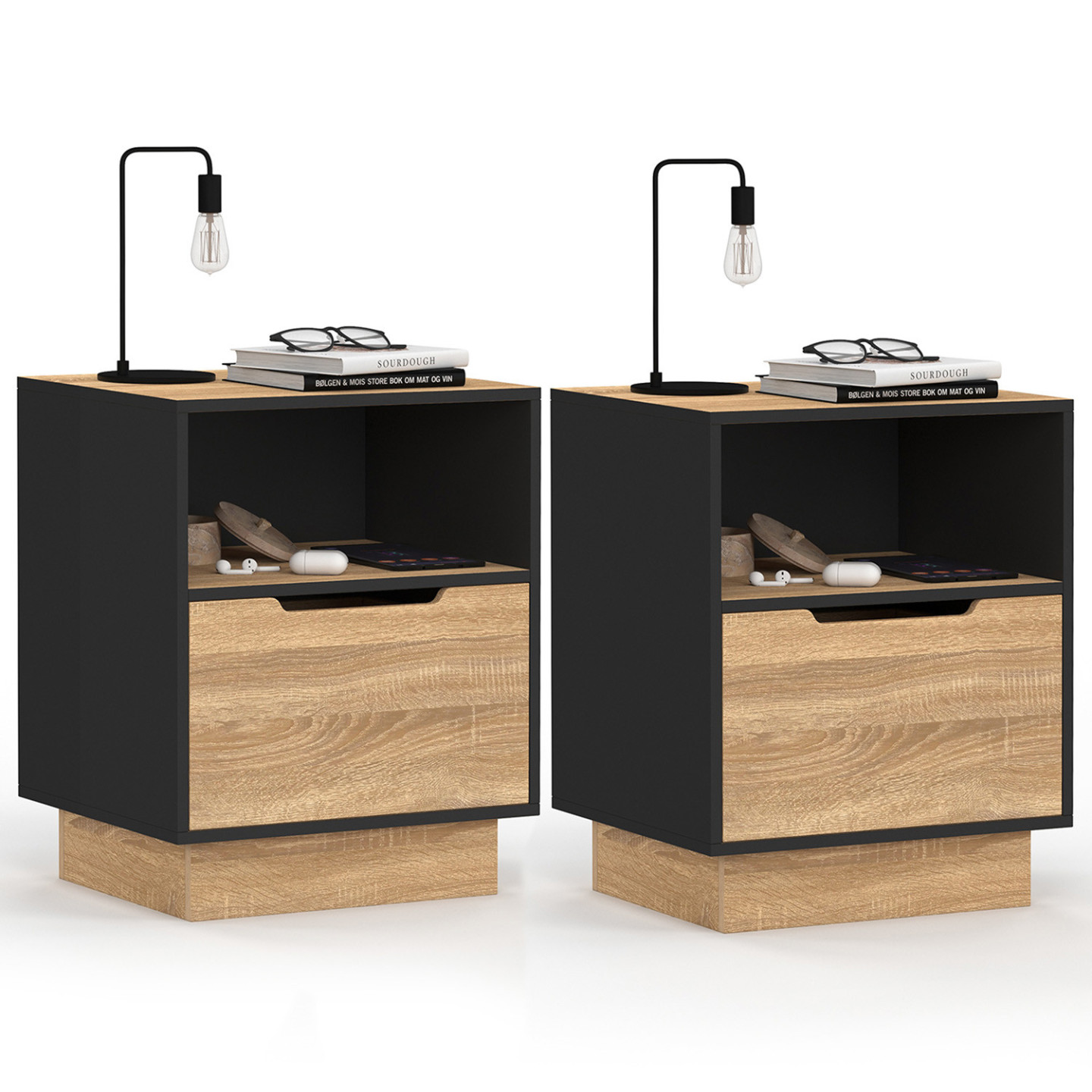 Lot de 2 tables de chevet OXANA 1 tiroir avec niche façon hêtre et noir