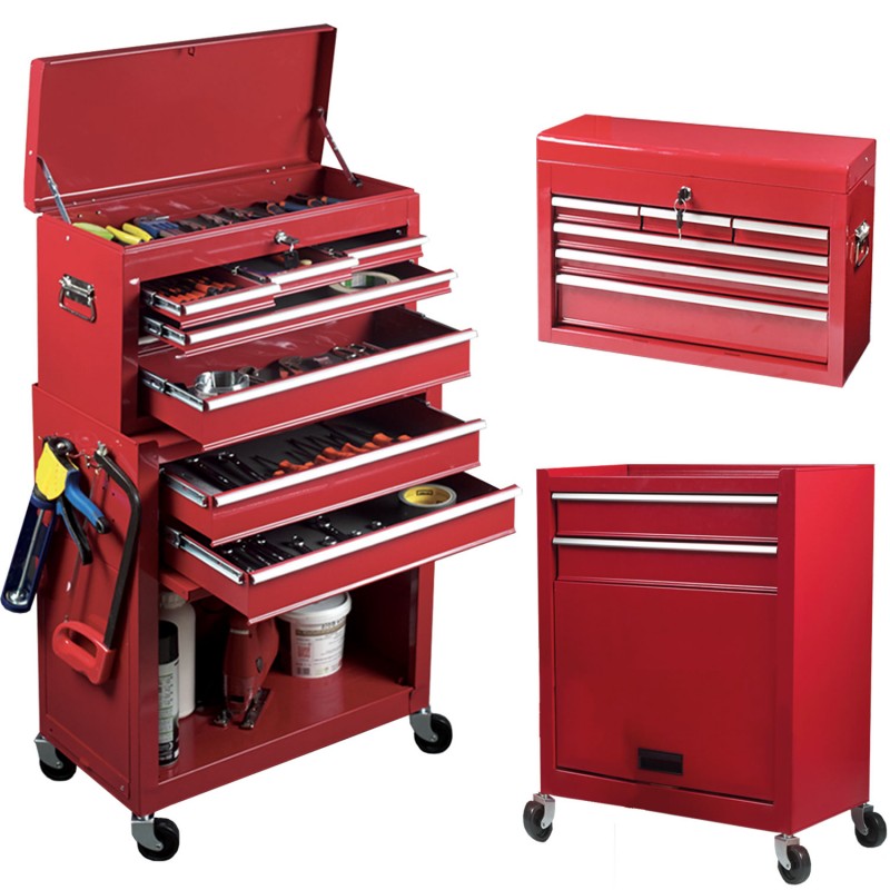 Servante d'atelier rouge 8 tiroirs avec caisse à outils amovible O...