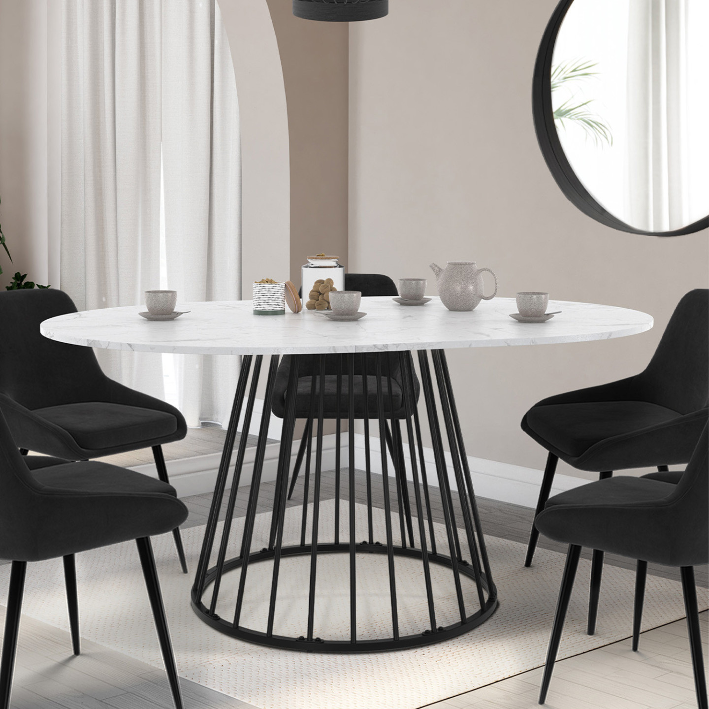 Table à manger extensible ronde 4-8 personnes 110-150cm plateau effet marbre blanc et pied noir ...