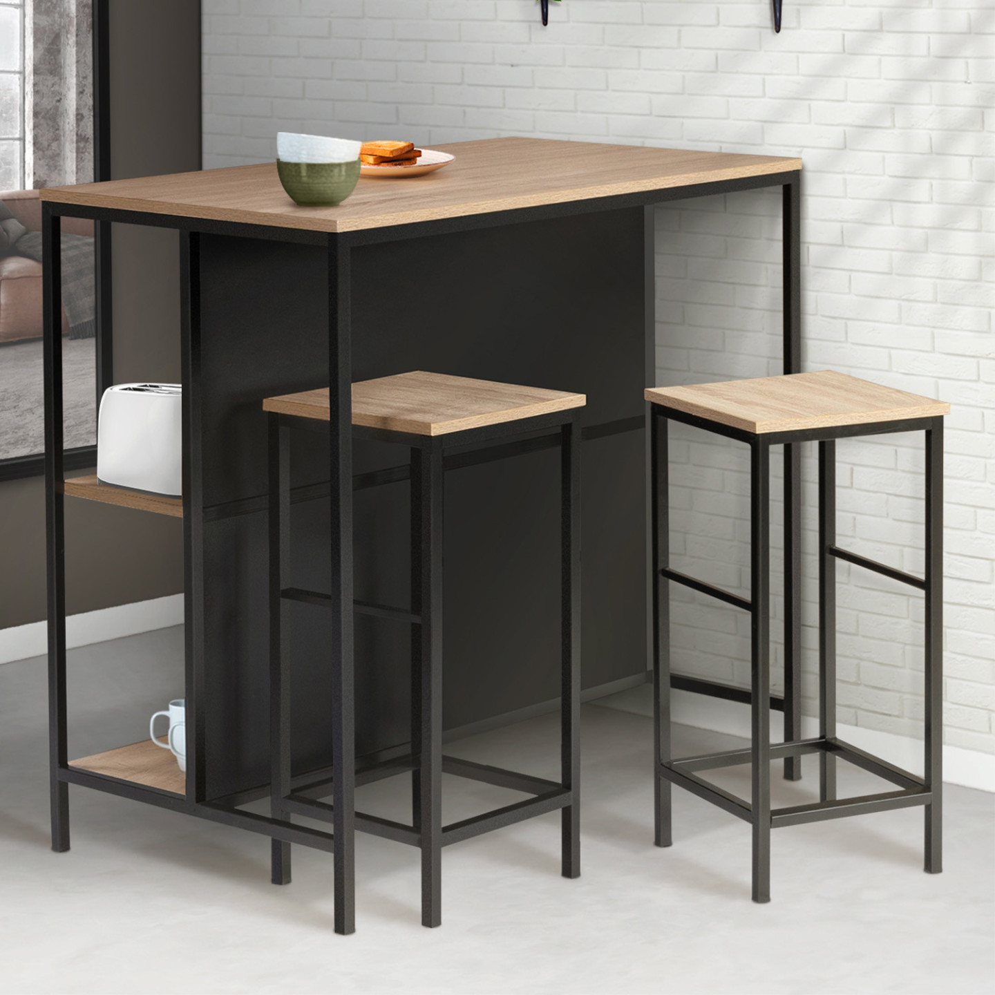 Table de bar industrielle 2 tabourets métal et bois - DETROIT | ID Market