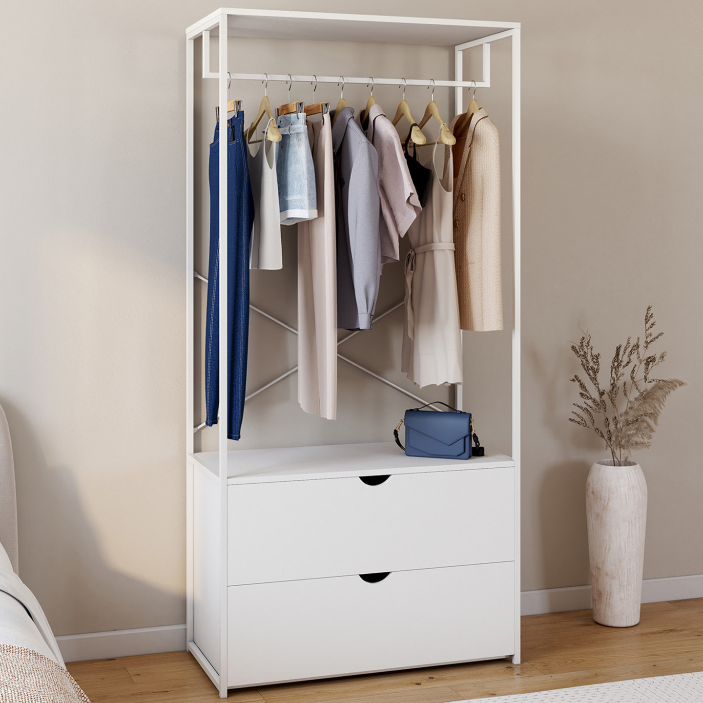 Dressing penderie 2 tiroirs bois blanc et métal blanc L. 80 cm ...