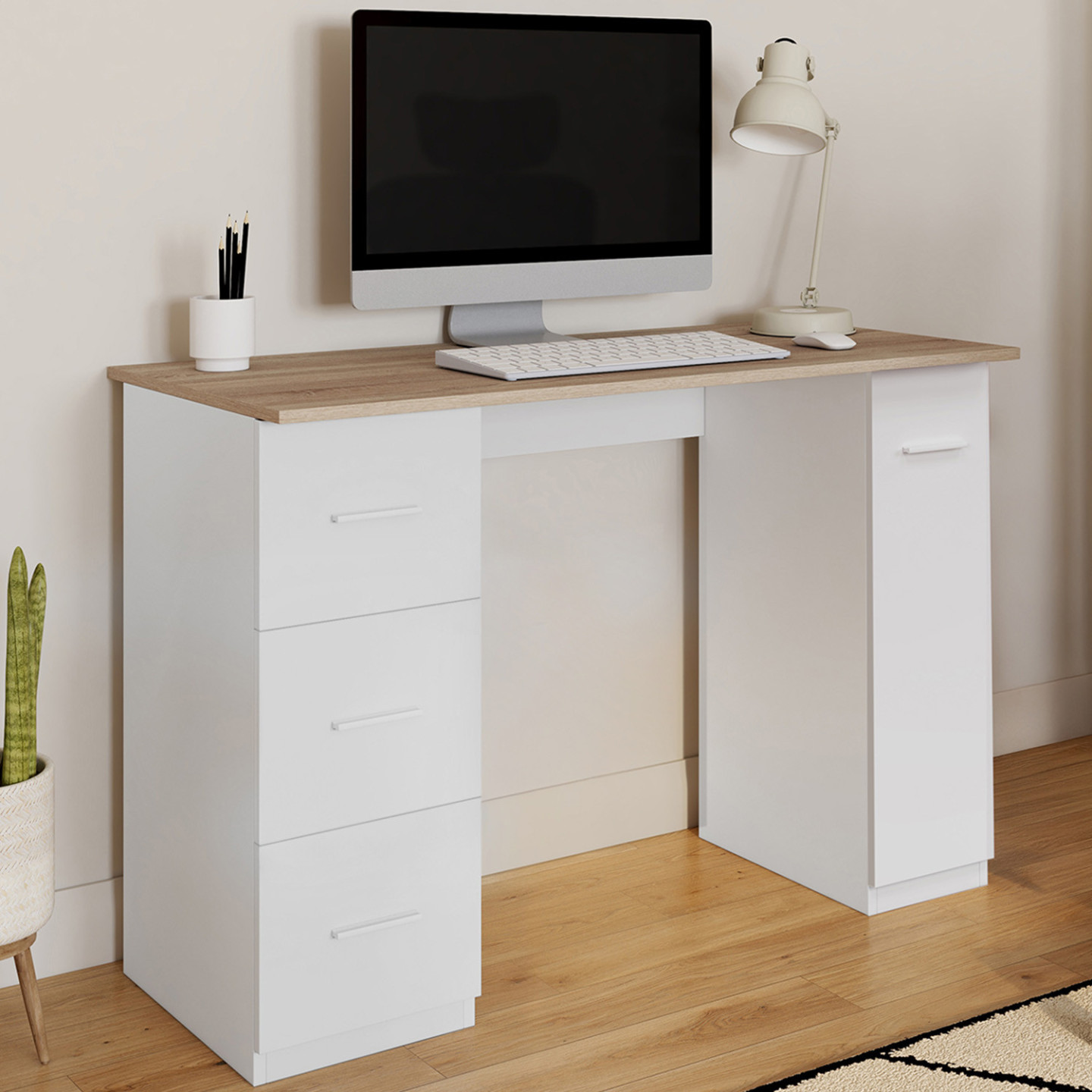 Recht bureau met 3 laden, wit en houten kastdeur - MAE | Zen Cart! IDMarket