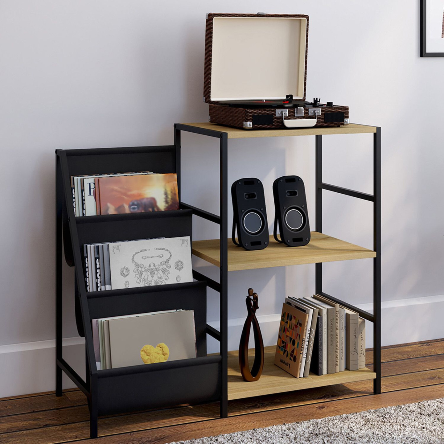 Meuble d'appoint, rangement avec étagères, supports vinyles et platine ...