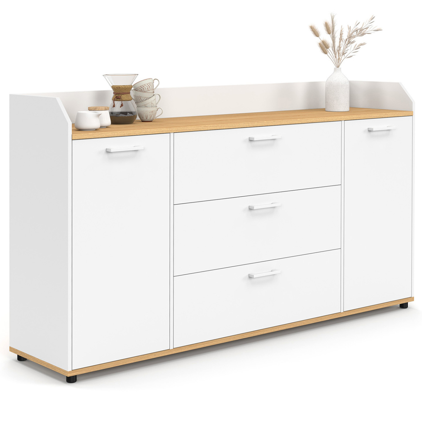 Buffet 140 cm 4 portes avec rebord blanc et plateau bois façon hêtre ...