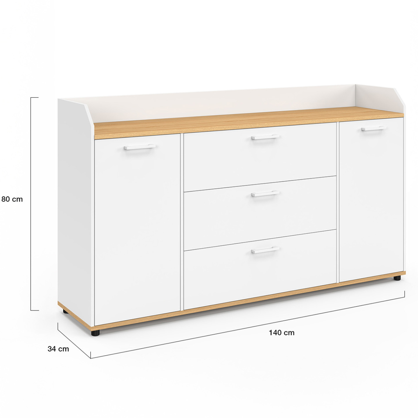 Buffet 140 cm 4 portes avec rebord blanc et plateau bois façon hêtre ...