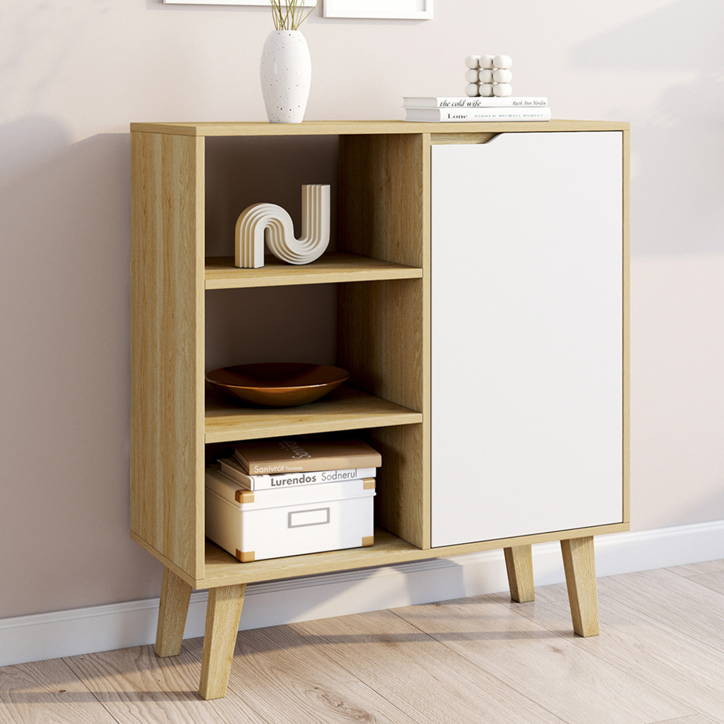Dressoir met 3 planken en kast 70 cm wit met beukenstructuur - FINN ...