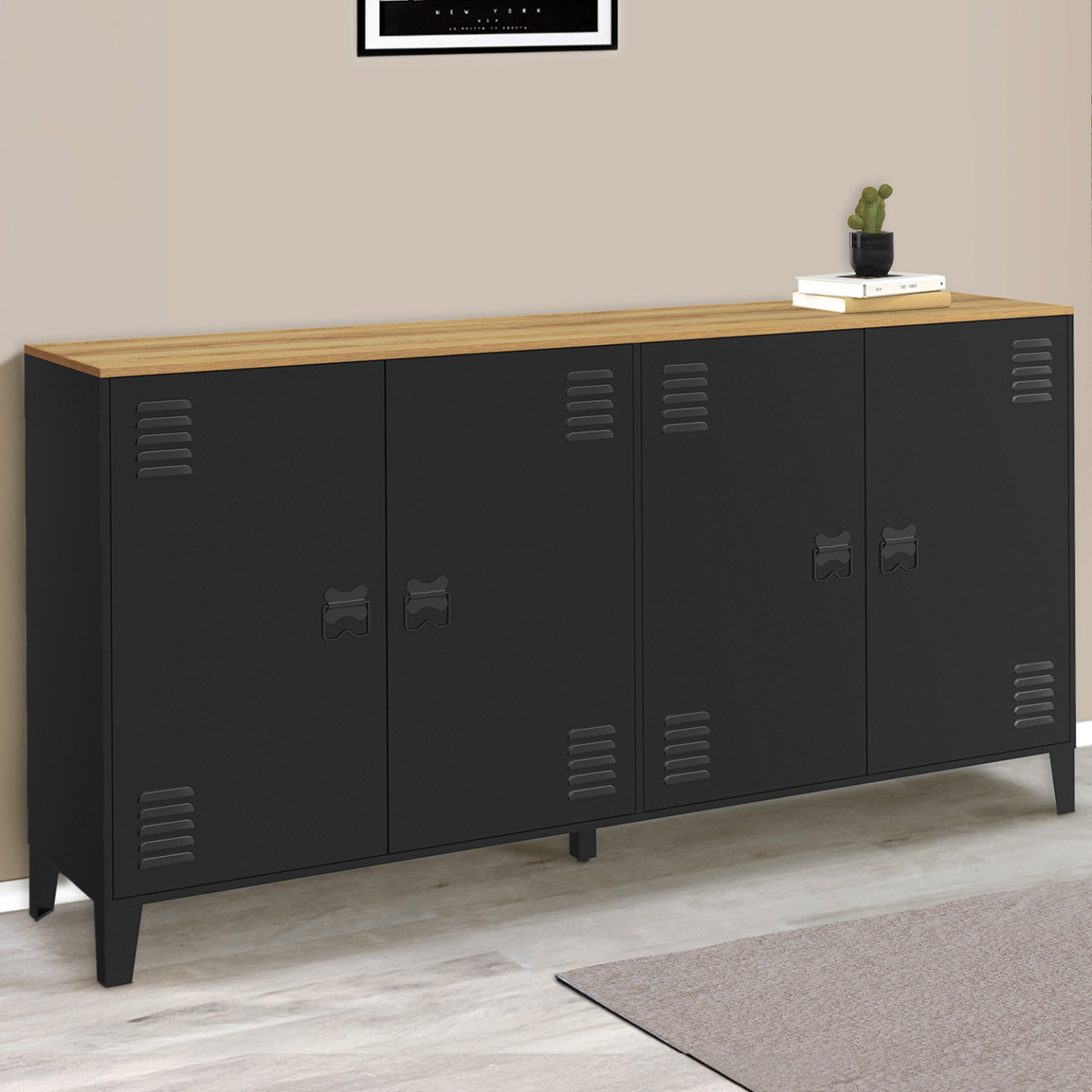 Sideboard 160cm ESTER 4 Türen aus schwarzem Metall Holzplatte ...